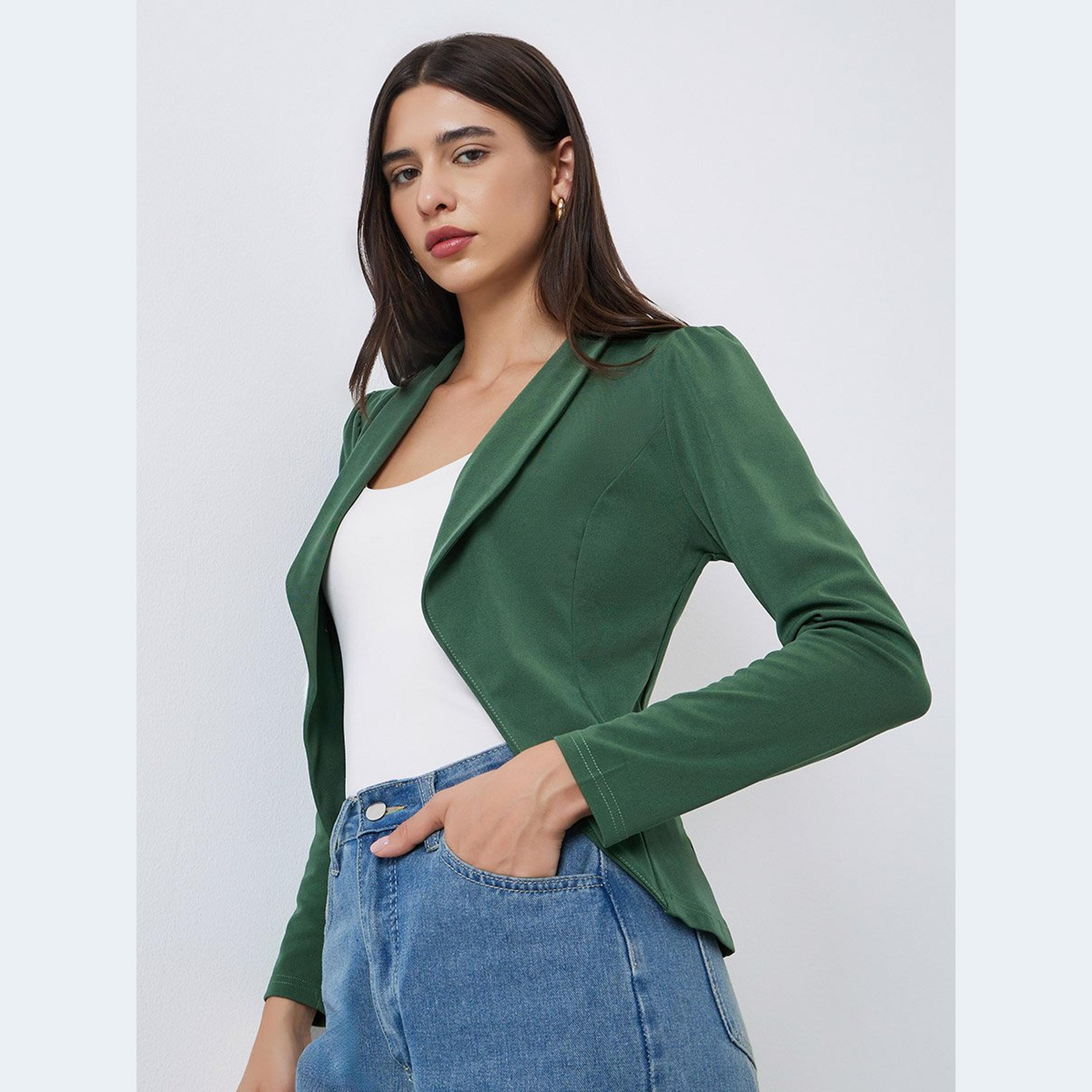 Buy Take Two Green Solid Puff Sleeve Blazer Online | Centrepoint Qatar