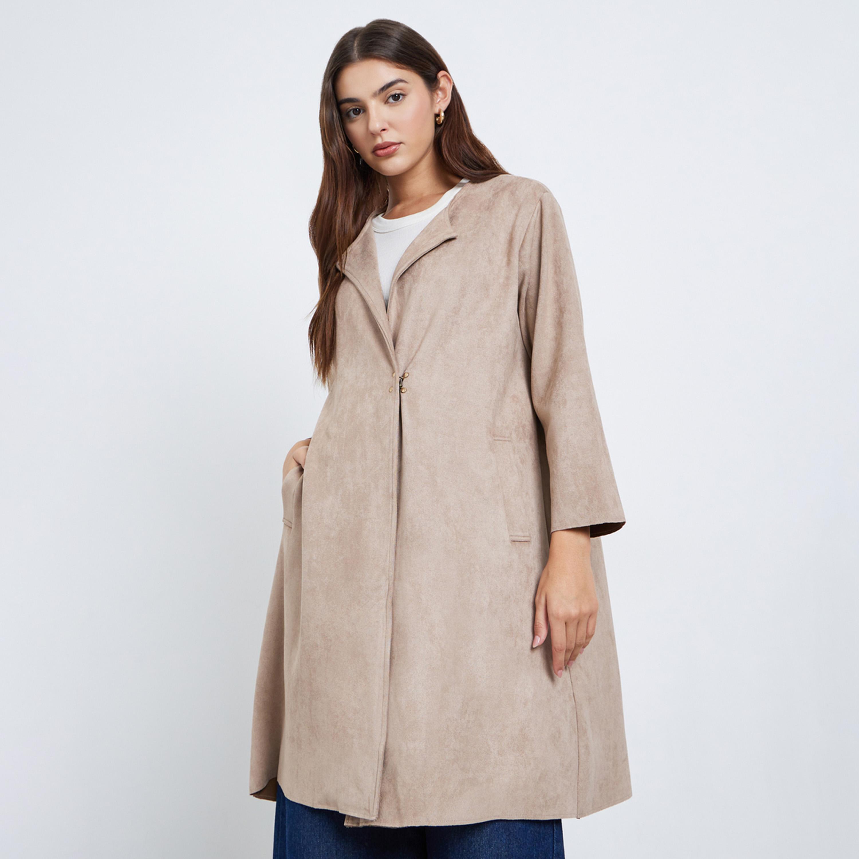 Buy Styli Beige Longline Suede Look Loop Button Coat Online ...