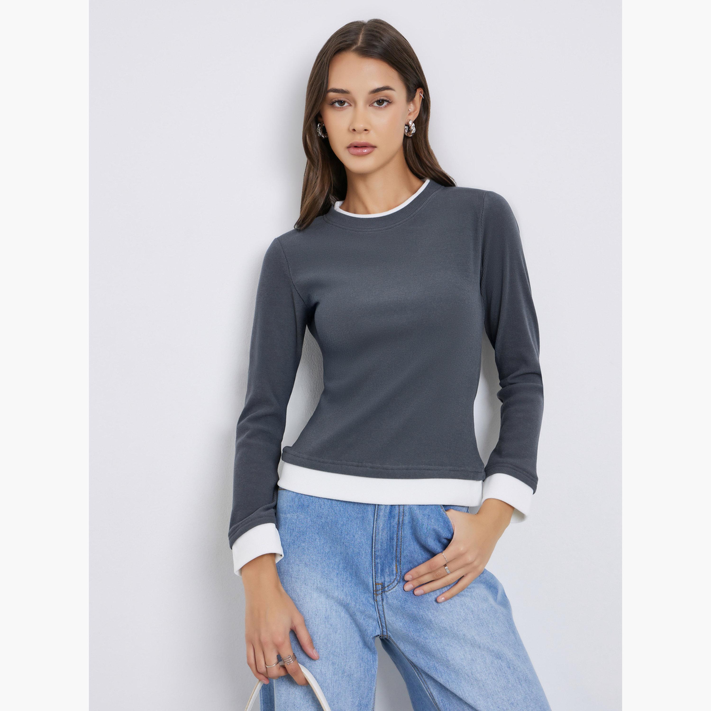 Buy Styli Women Grey Contrast Tim Long Sleeve Top Online | Centrepoint ...