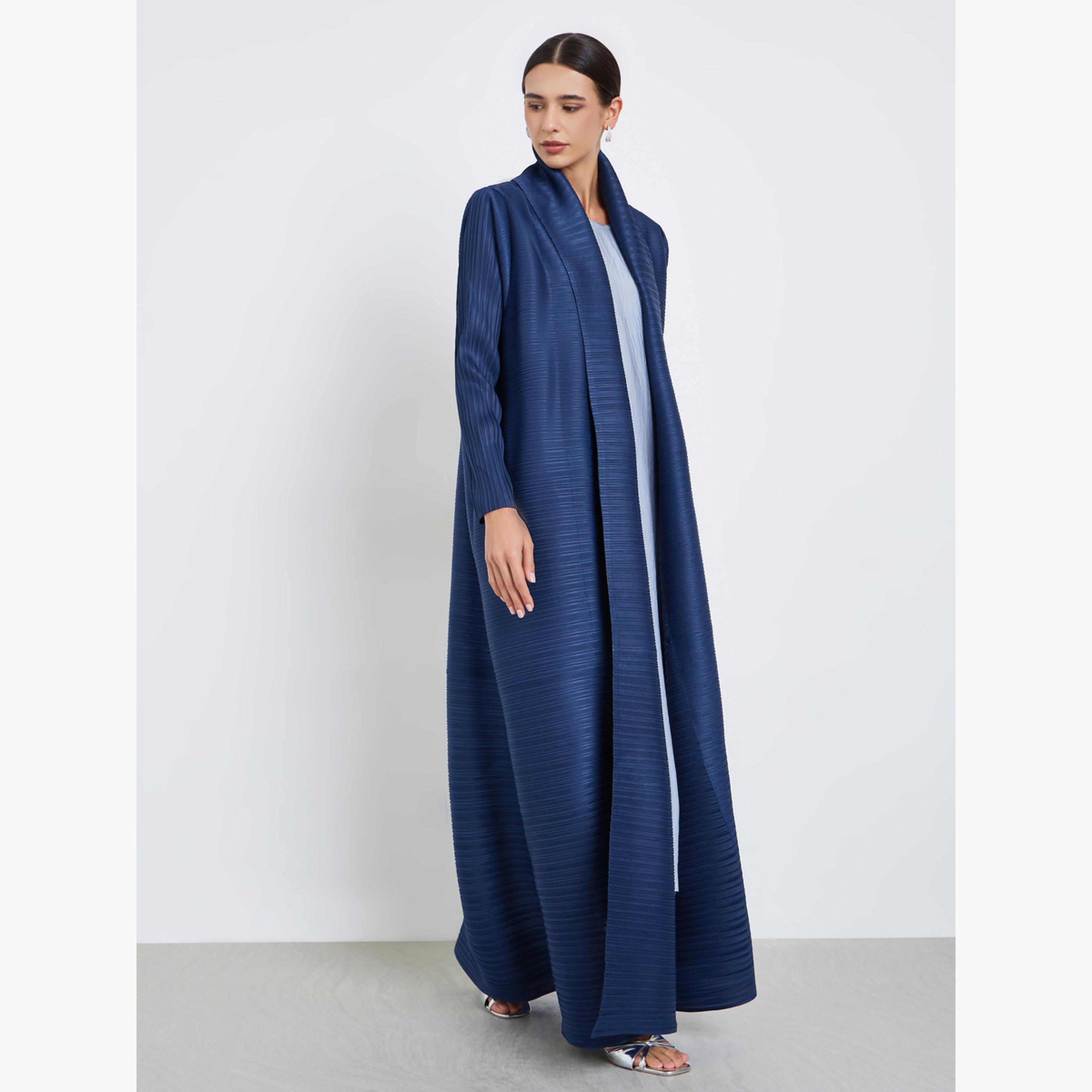 Buy Take Two Solid Textured Pleated Belted Long Sleeve Abaya Online ...