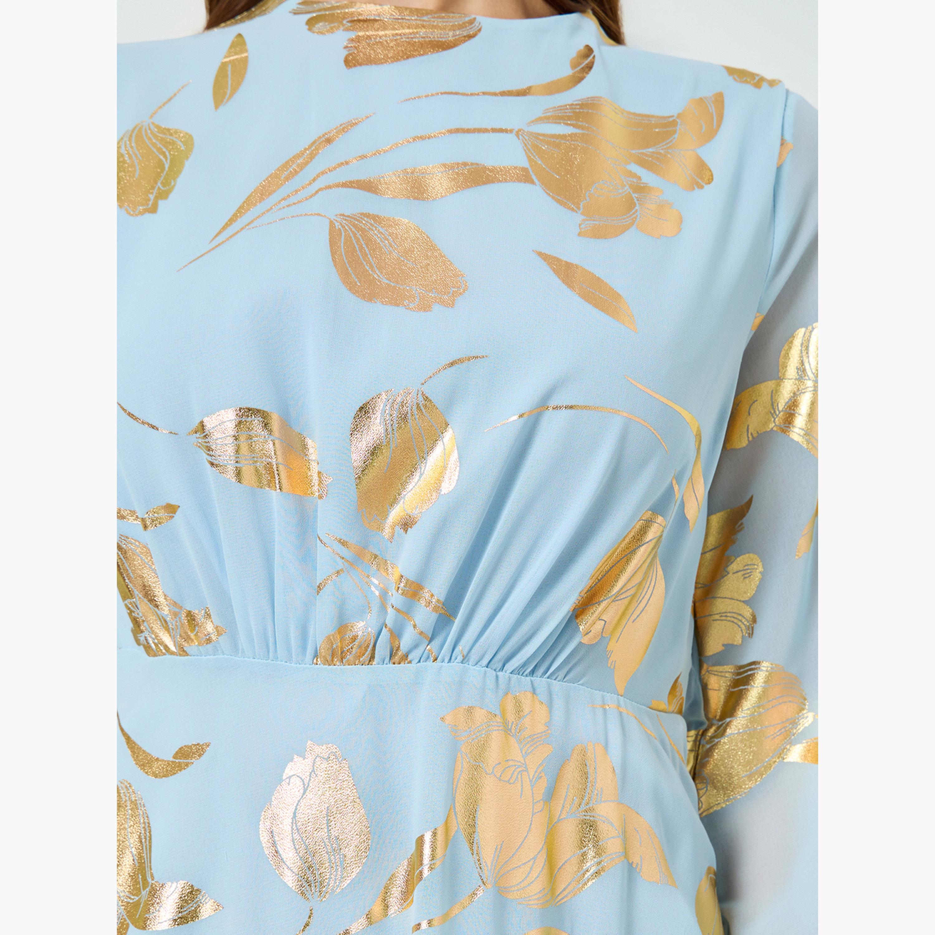 Buy Styli Women Blue Foil Print A-Line Maxi Dress Online | Centrepoint UAE