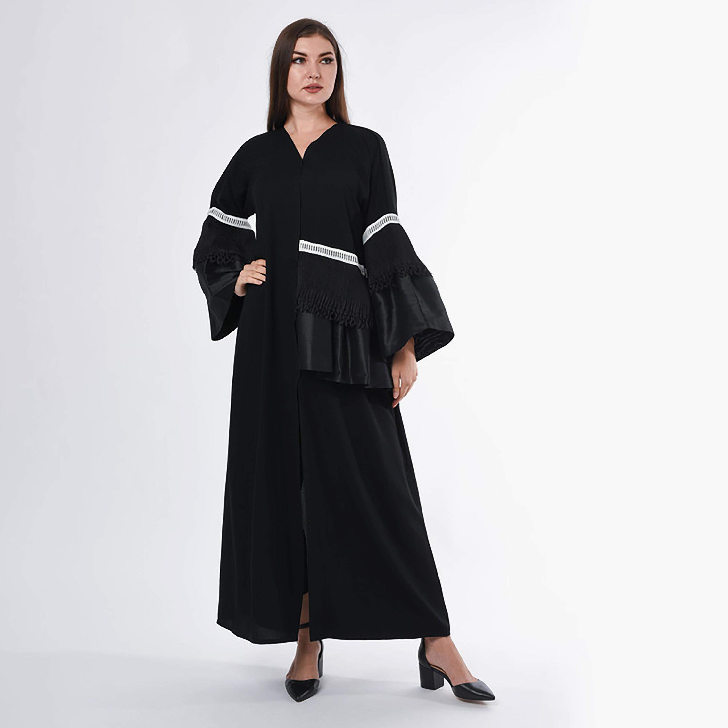 Buy MOiSTREET Black Lace Detailed Crepe Bell Sleeves Abaya with Sheila ...