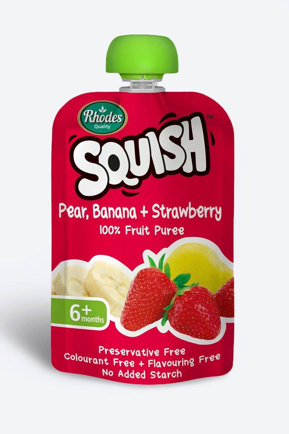 Rhodes Squish 100% Fruit Puree Pear Banana + Strawberry 110ml