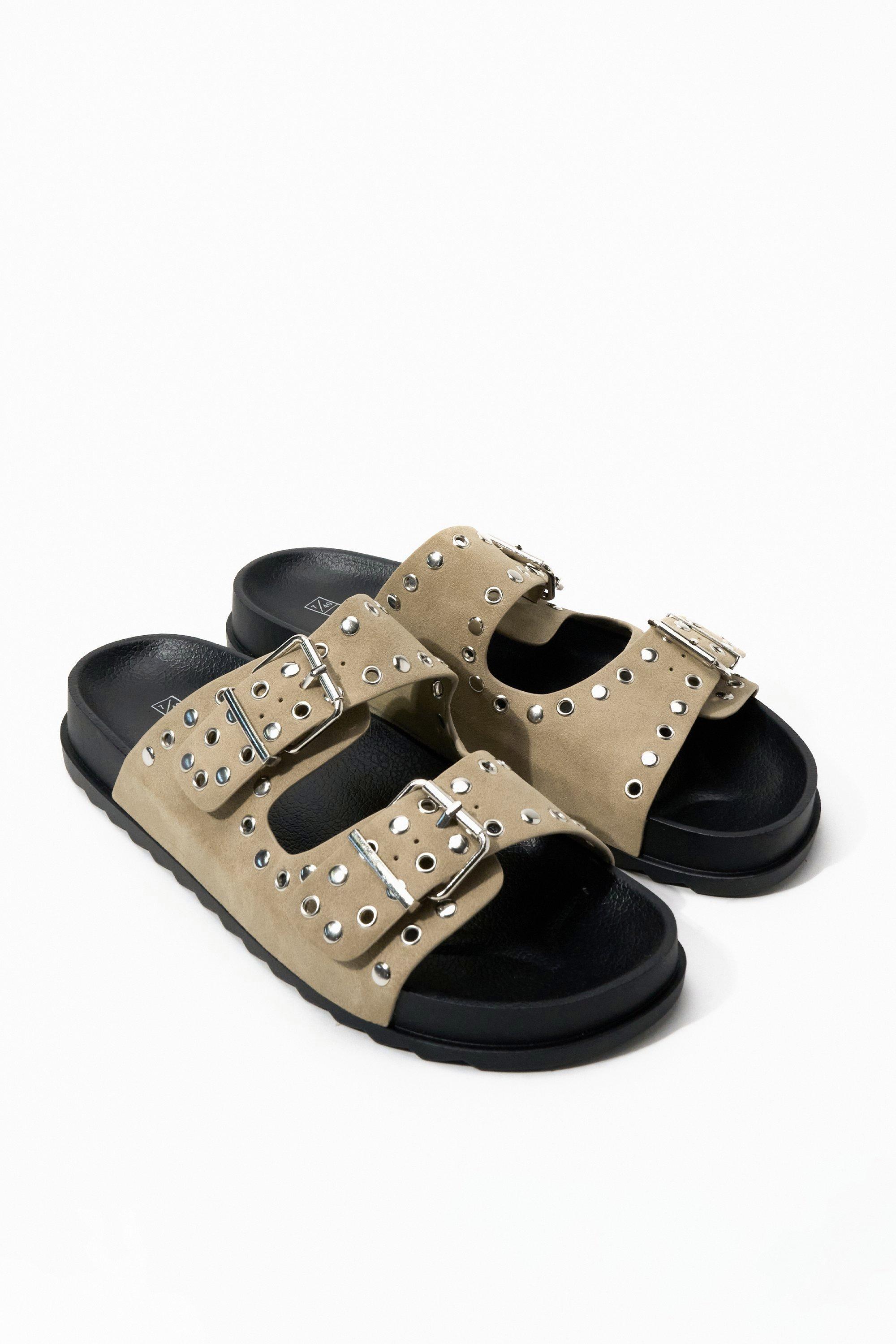 Stud Detail Double Buckle Slides