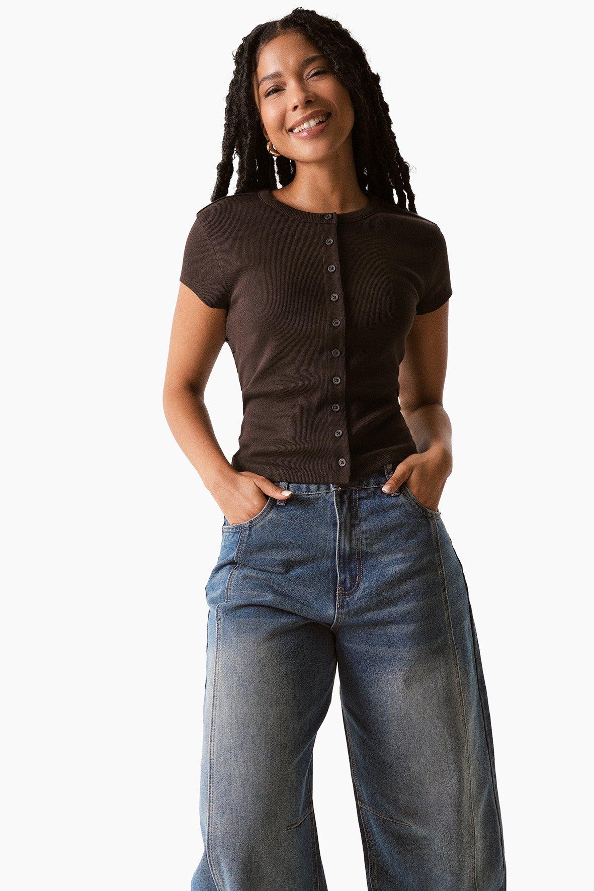 Ribbed Button-Up Top