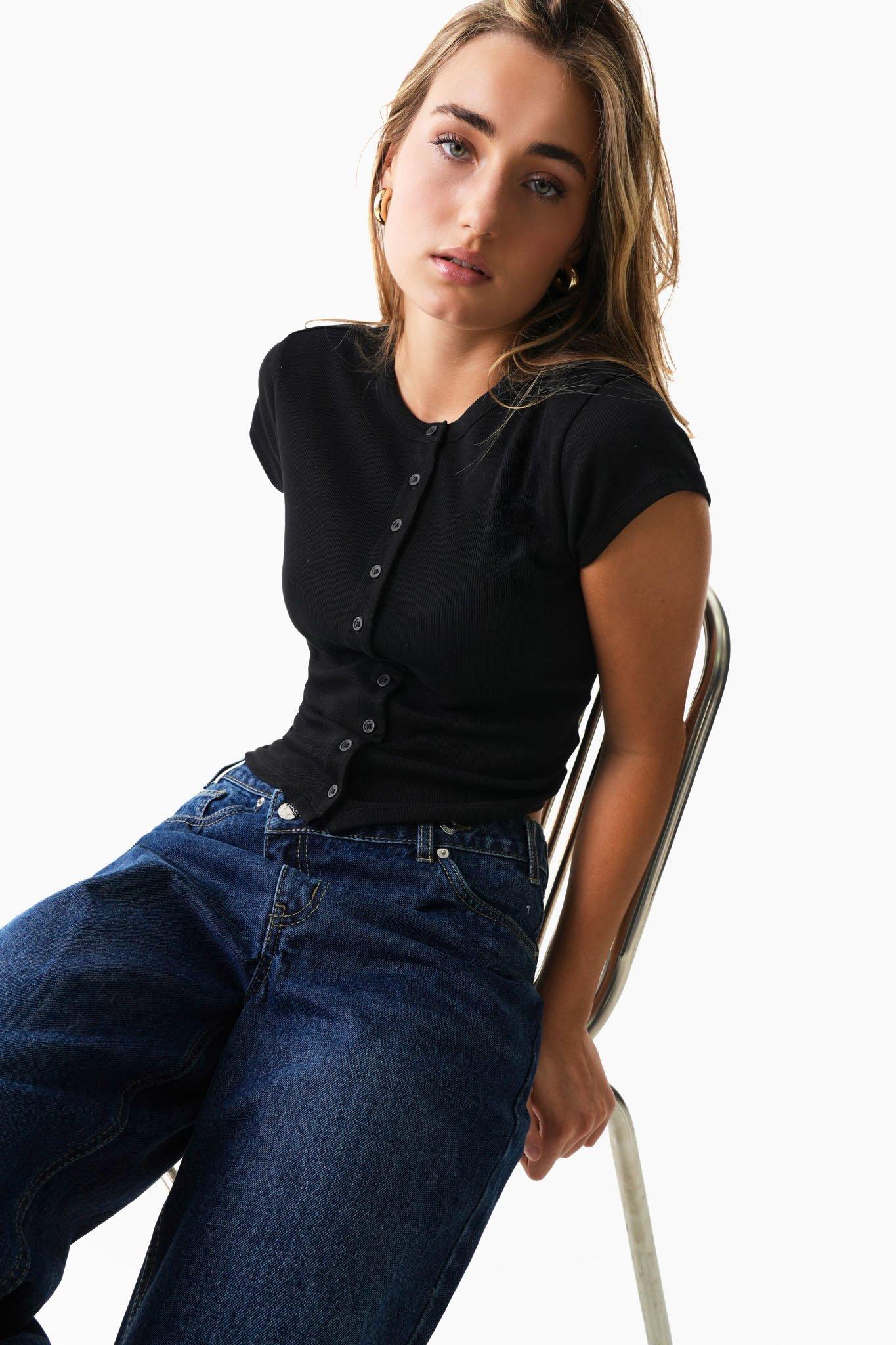 Ribbed Button-Up Top