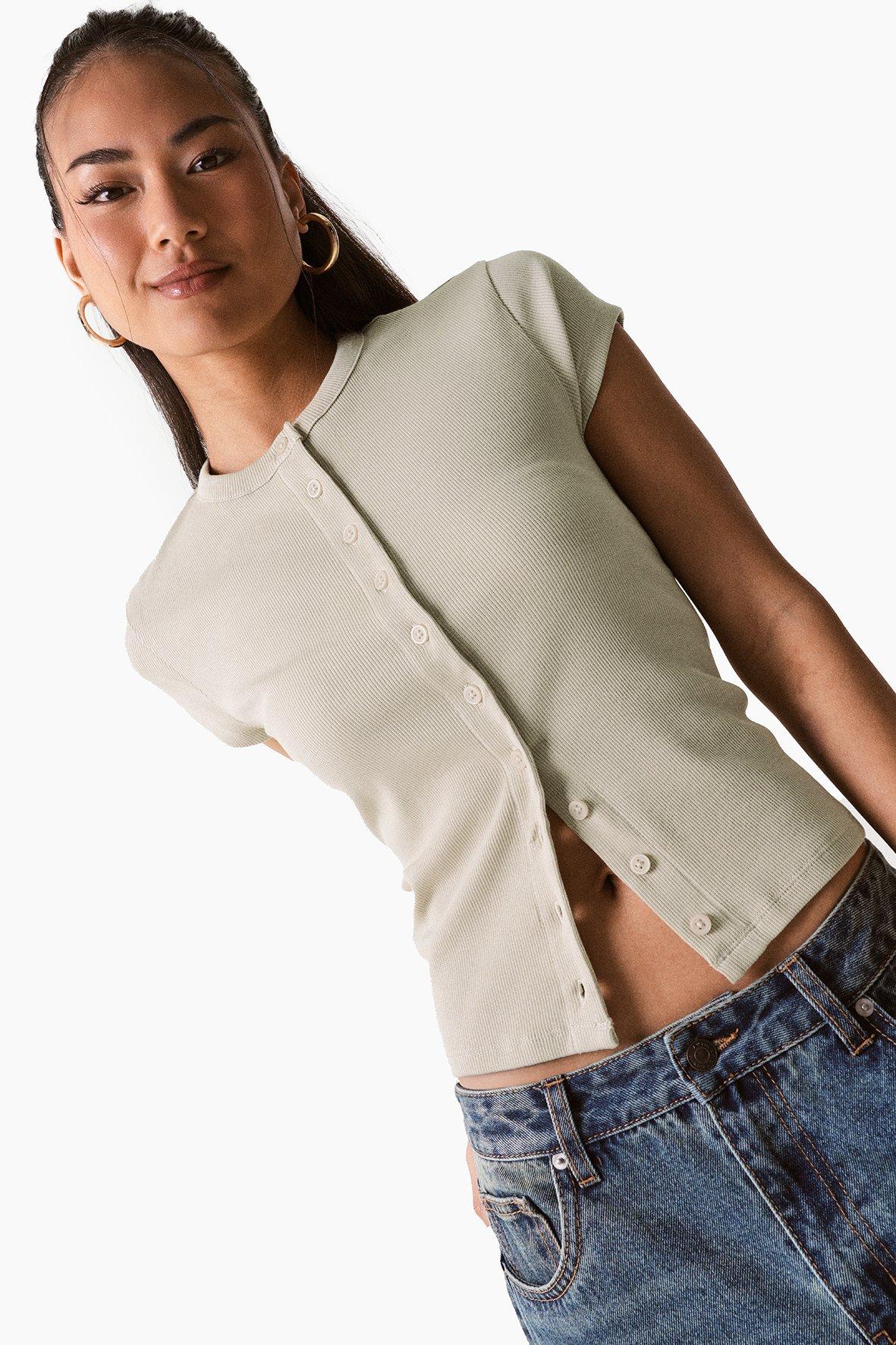 Ribbed Button-Up Top