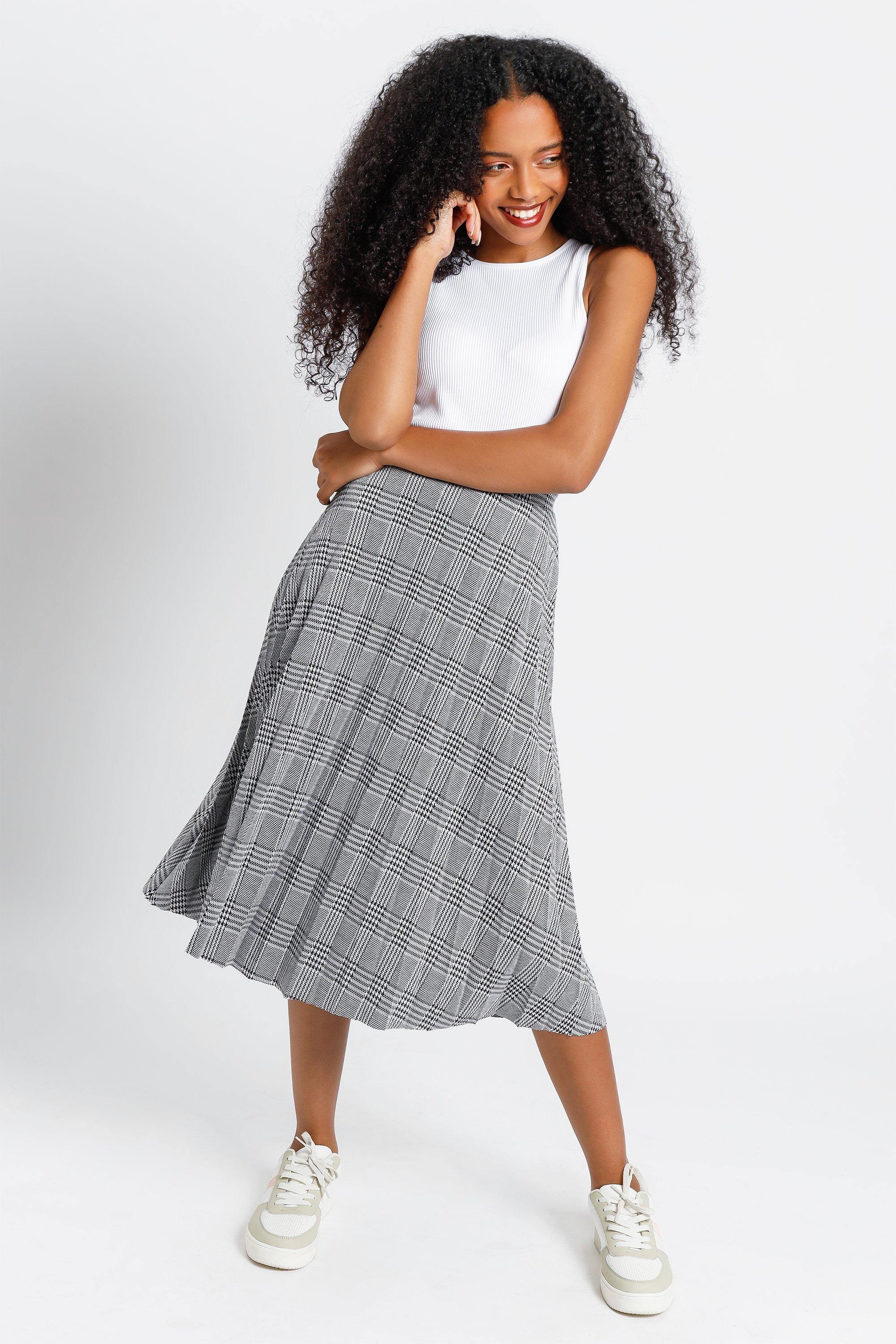 Check Pleated Midi Skirt