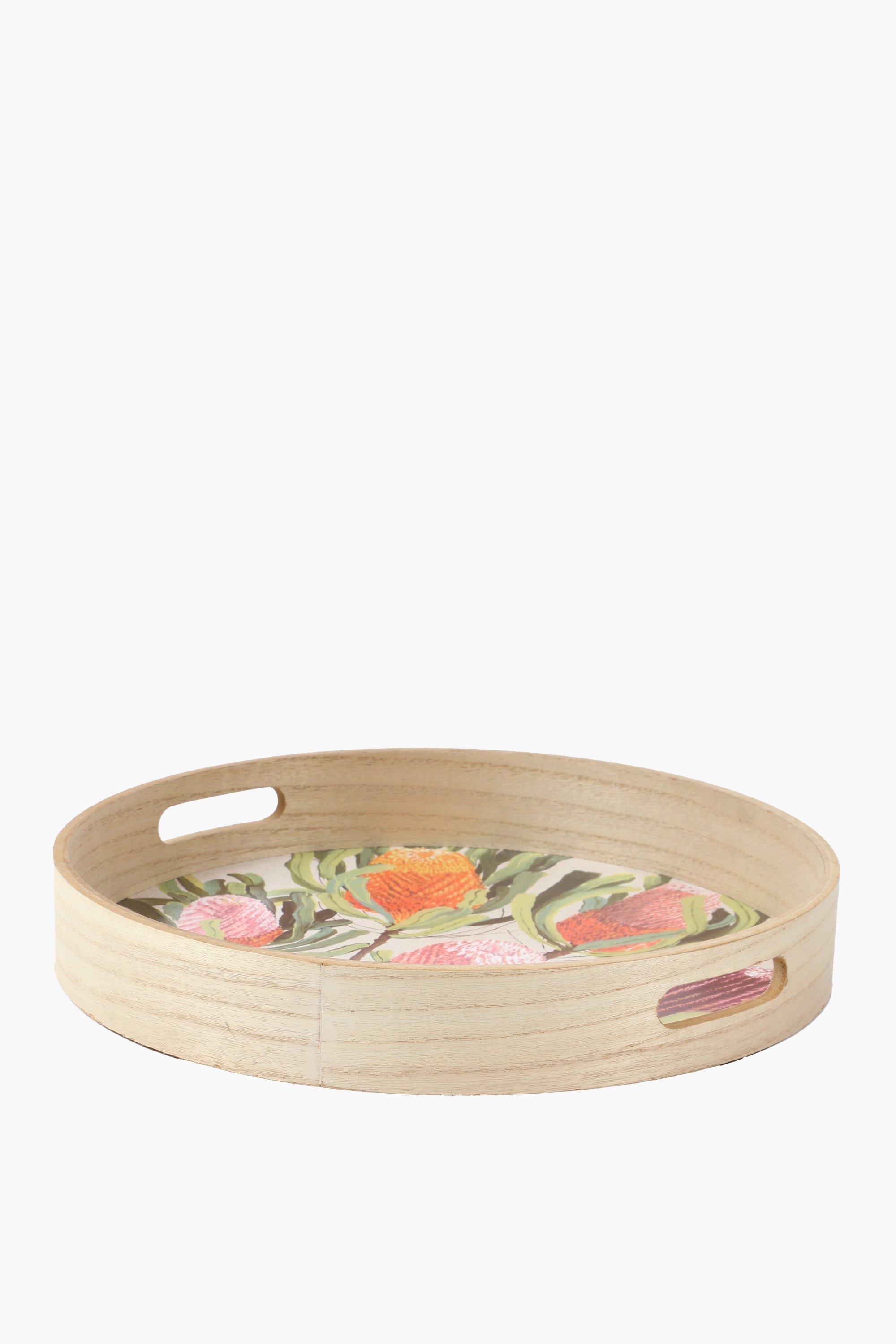 Floral Round Wood Serving Tray
