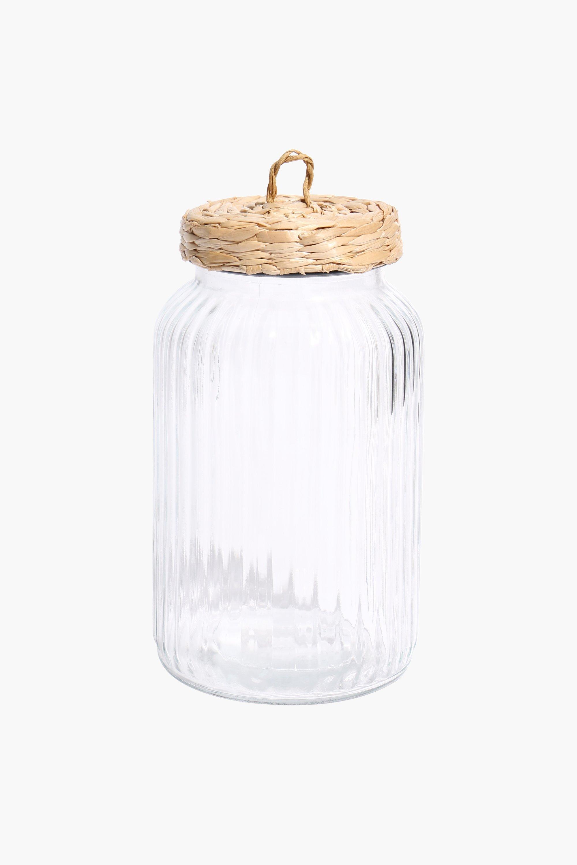 Straw Lid Glass Ribbed Jar