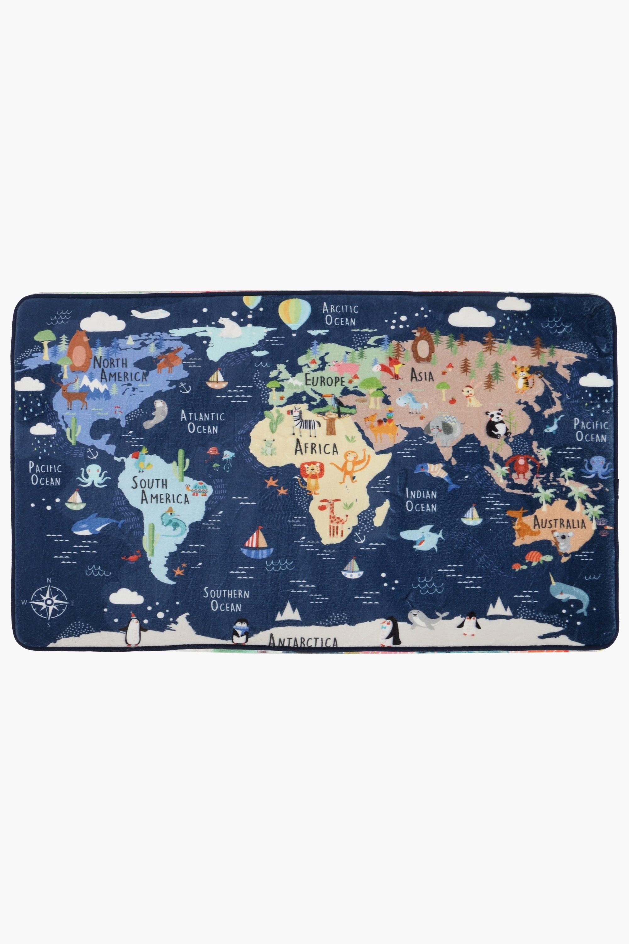 Printed World Map Flannel Rug, 70x110cm