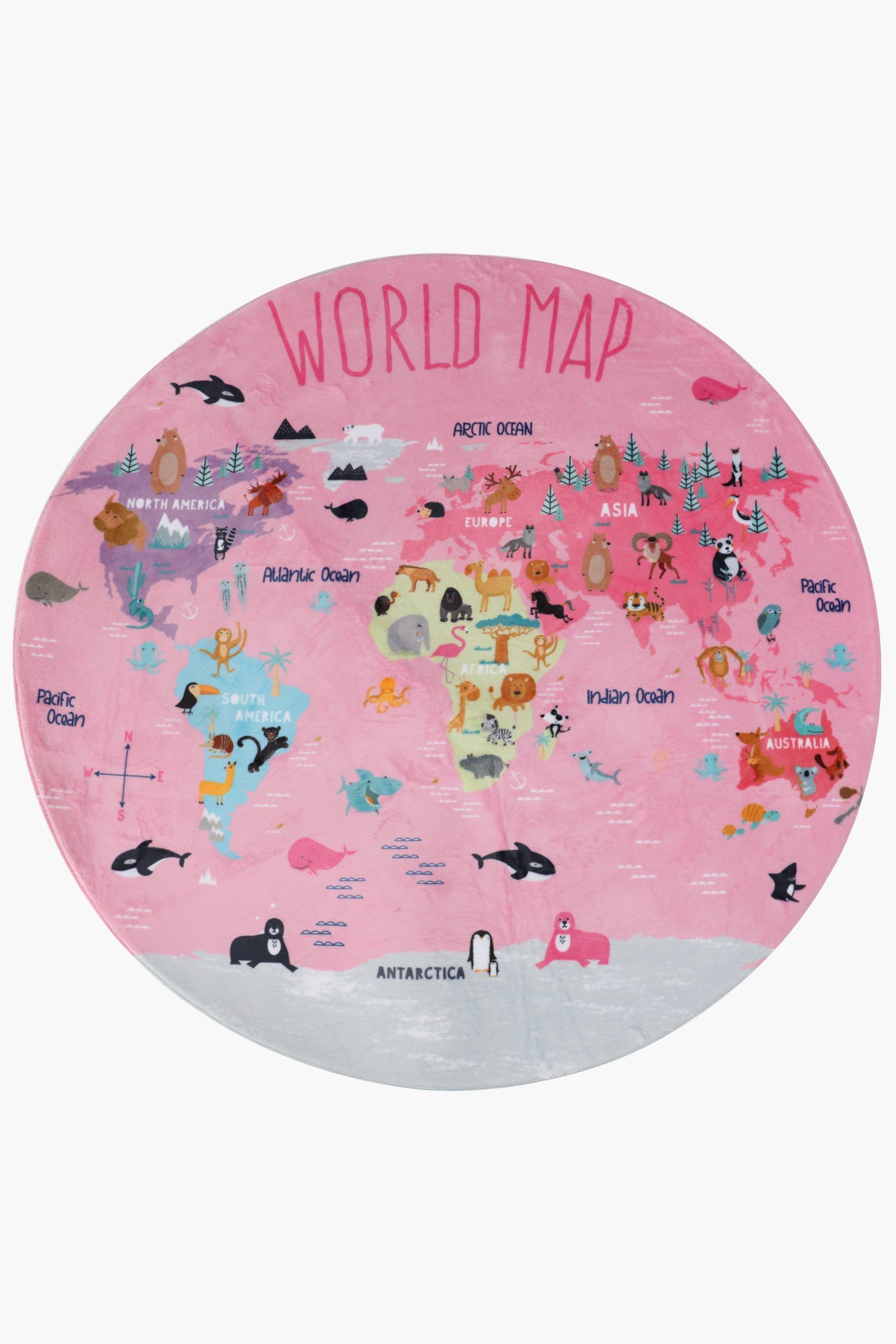 Printed Round World Map Rug, 120cm