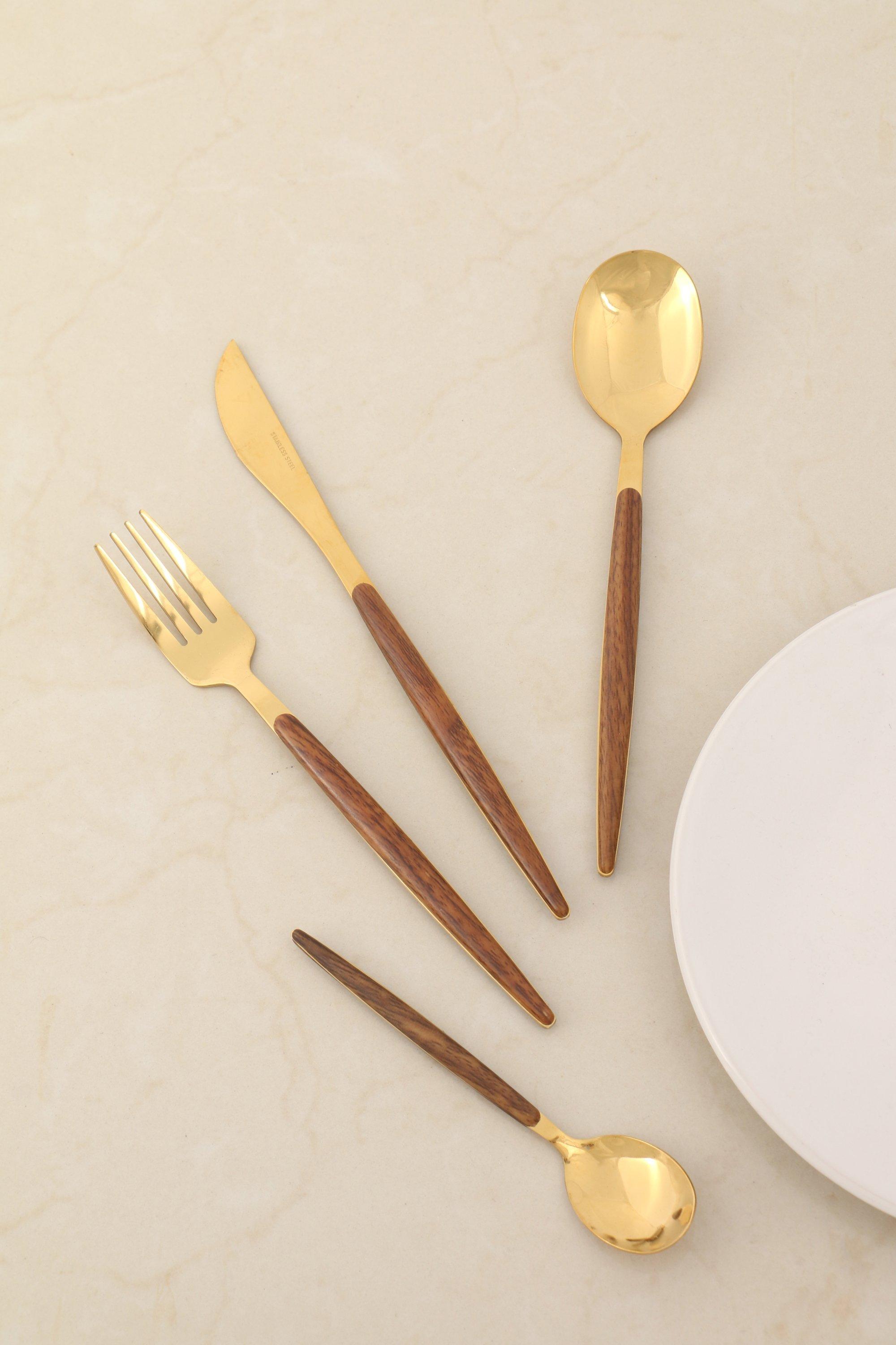 24 Piece Metallic And Wood Cutlery Set