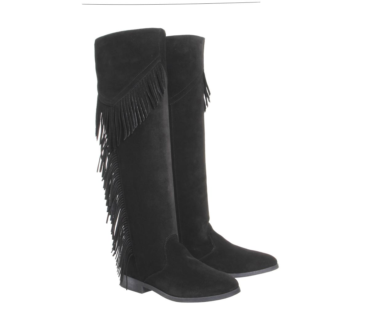 OFFICE Eddie Fringe Knee Boots Black Suede - Women's Knee High Boots