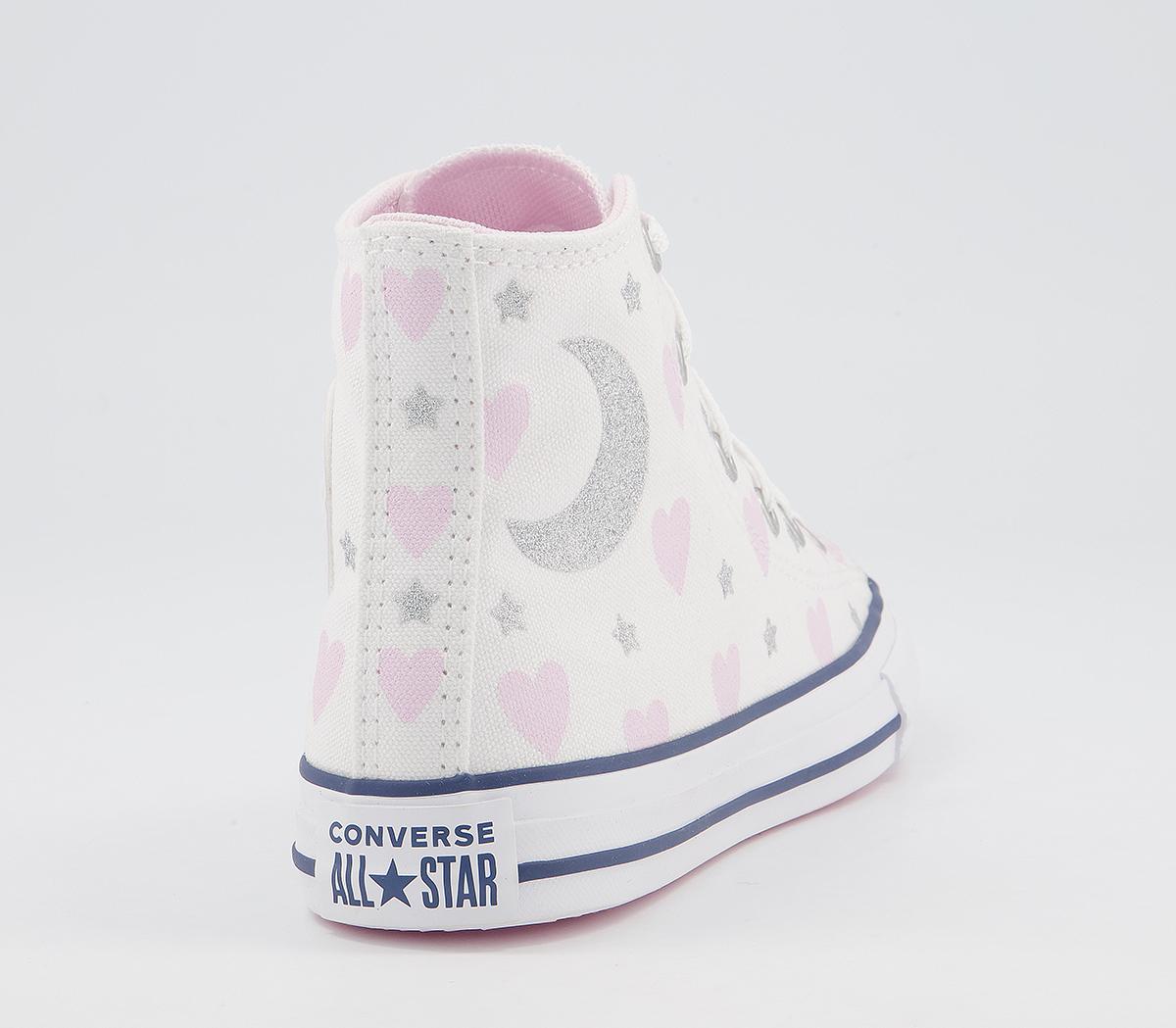 Converse All Star Hi Youth Trainers White Black Bold Pink Heart Moon ...