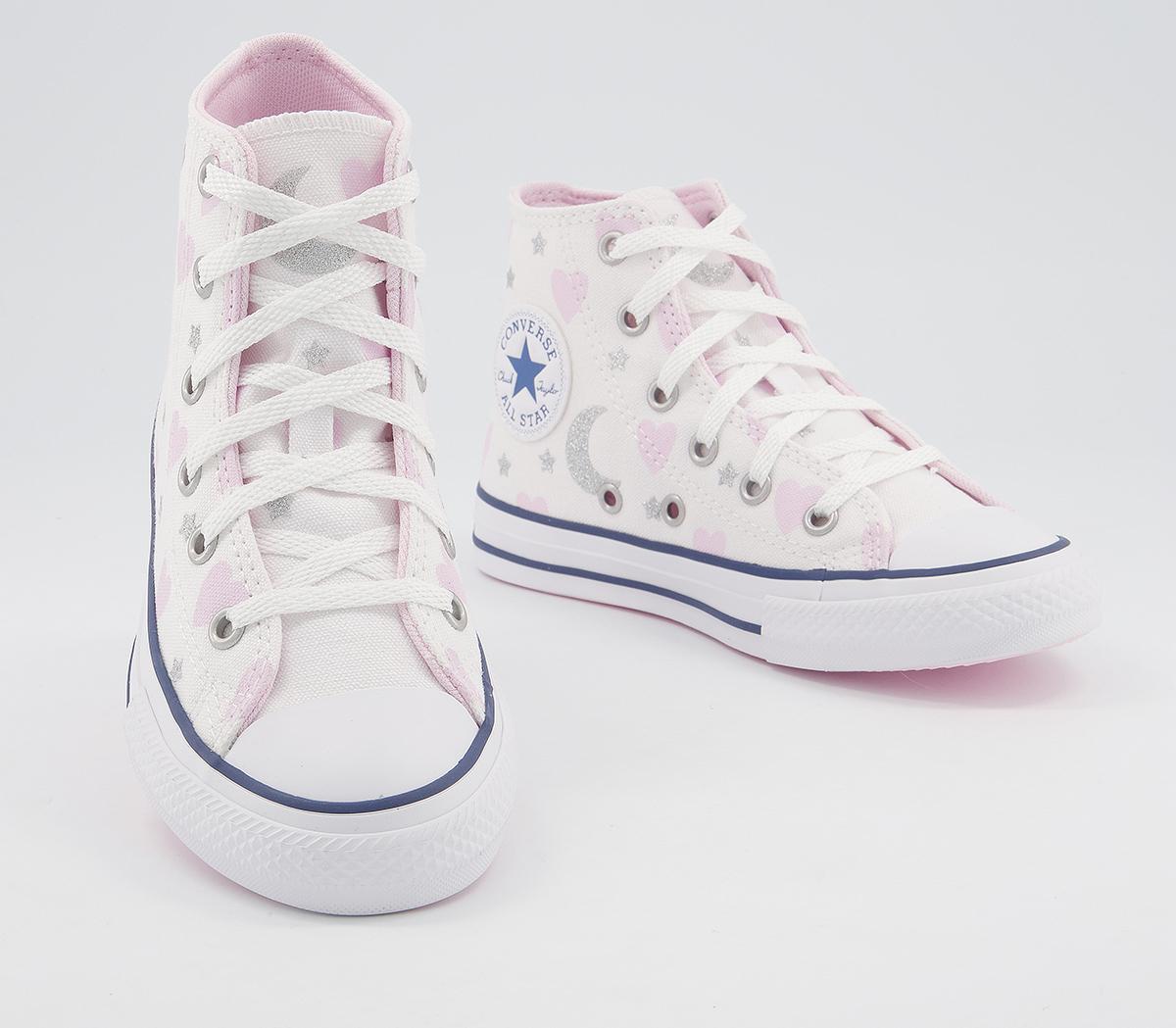 Converse All Star Hi Youth Trainers White Black Bold Pink Heart Moon ...