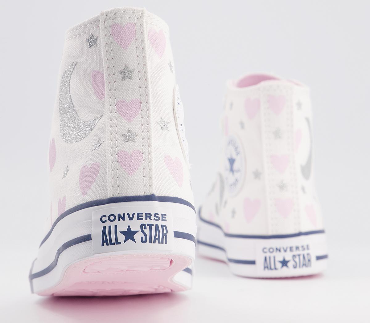 Converse All Star Hi Youth Trainers White Black Bold Pink Heart Moon ...
