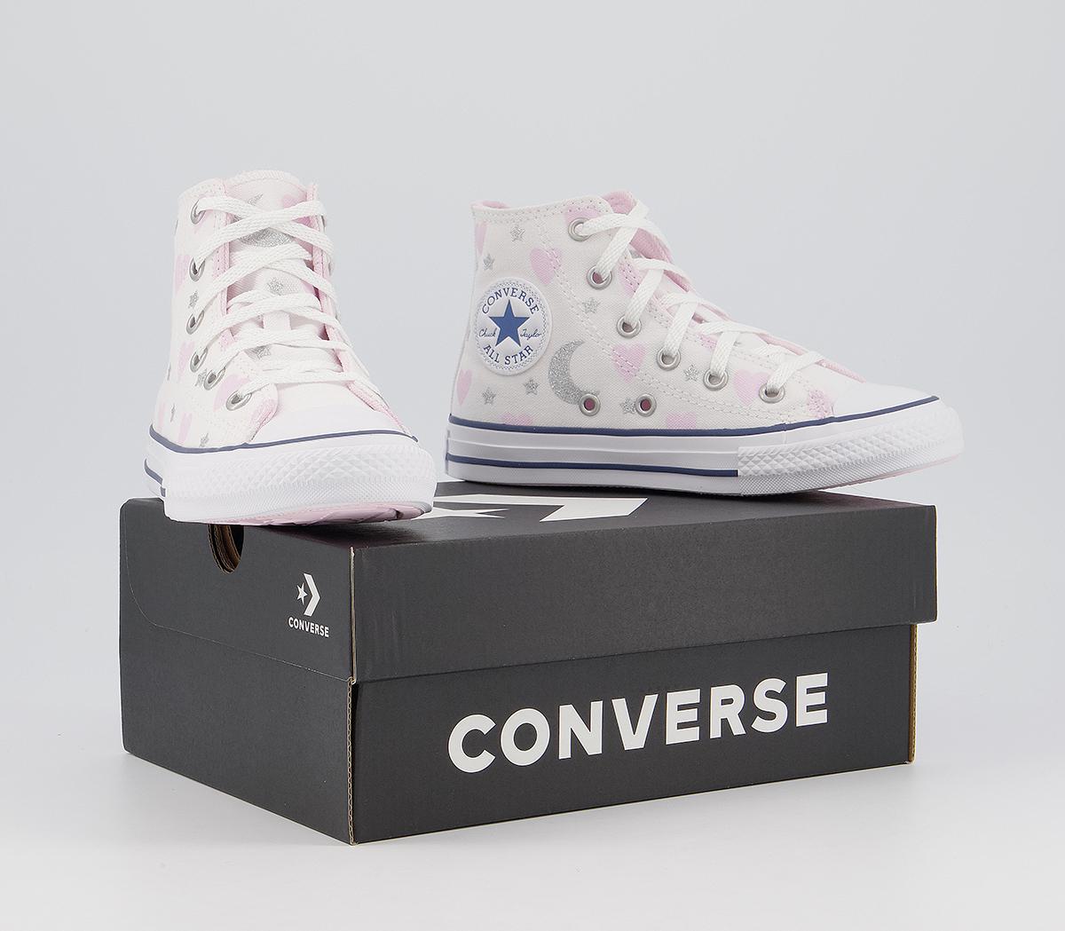 Converse All Star Hi Youth Trainers White Black Bold Pink Heart Moon ...
