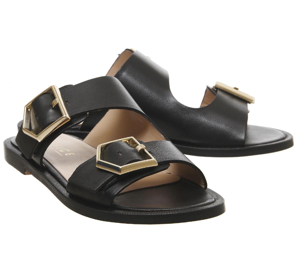 OFFICE Sage- Double Buckle Sandal Black Leather Gold Buckles - Women’s ...