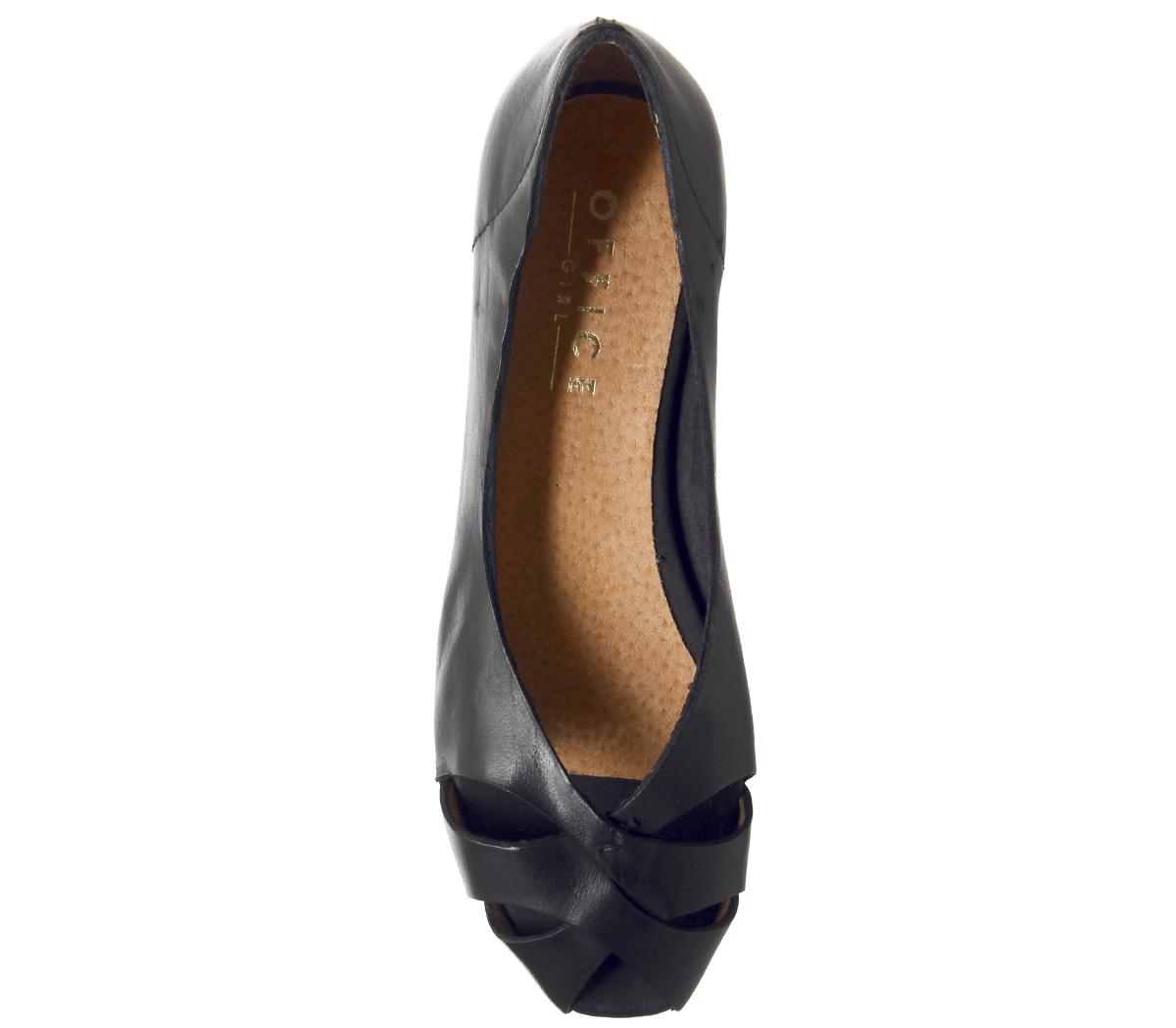 OFFICE Fickle Peep Toe Flats Black Leather - Flat Shoes for Women