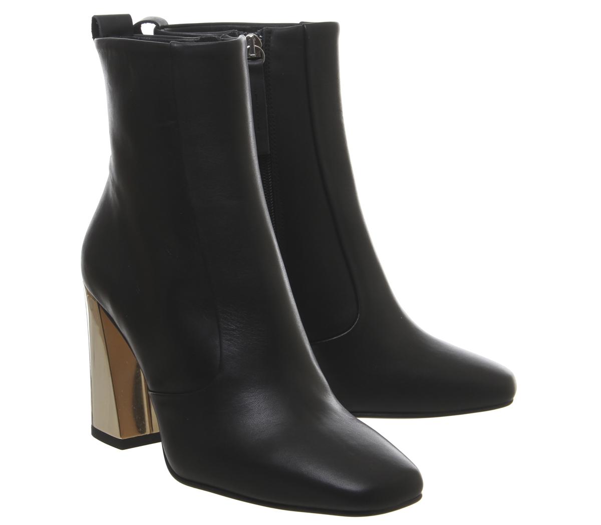 OFFICE Aries Square Toe Boots Black Leather Leopard Gold Mix Heel ...