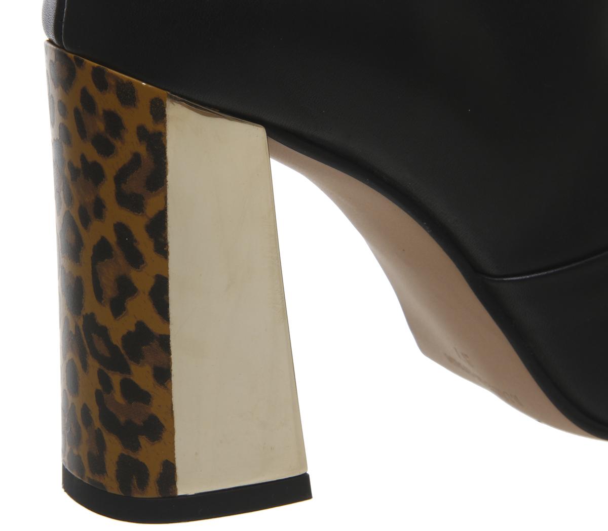 OFFICE Aries Square Toe Boots Black Leather Leopard Gold Mix Heel ...