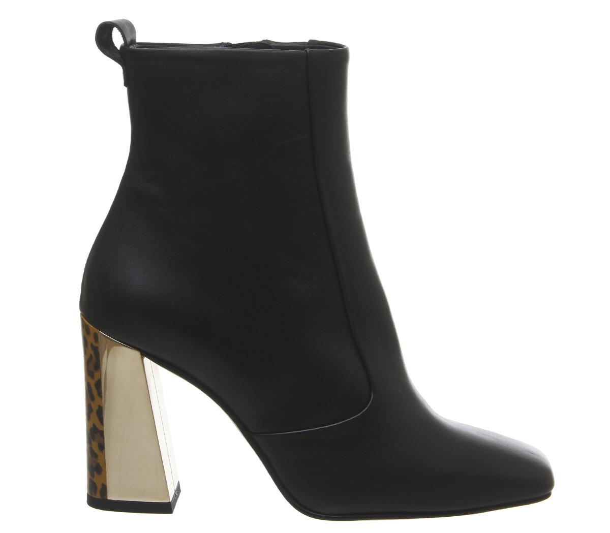 OFFICE Aries Square Toe Boots Black Leather Leopard Gold Mix Heel ...