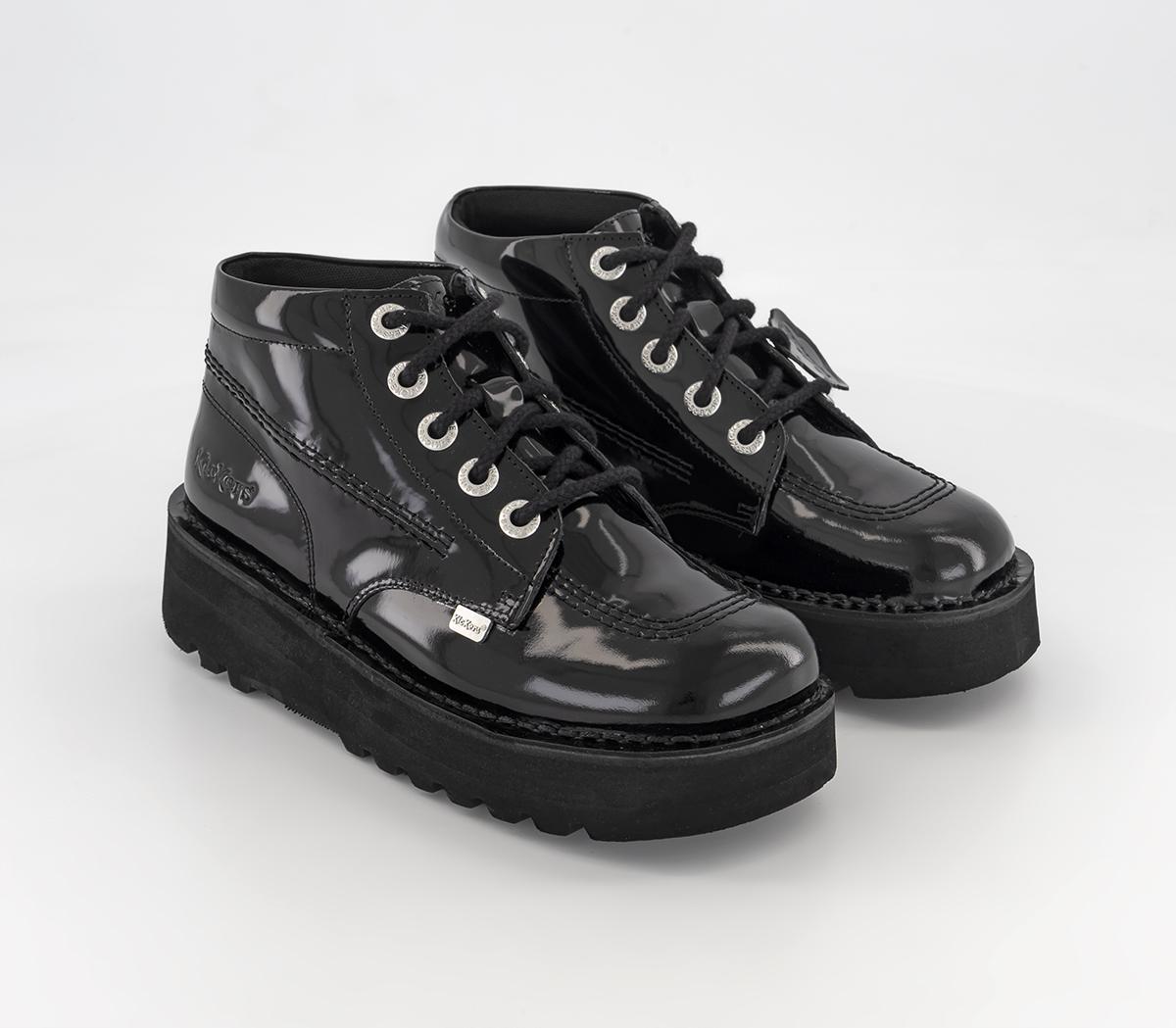 Kickers Kick Hi Stack Boots Black Patent Leather - Flat Shoes for Women