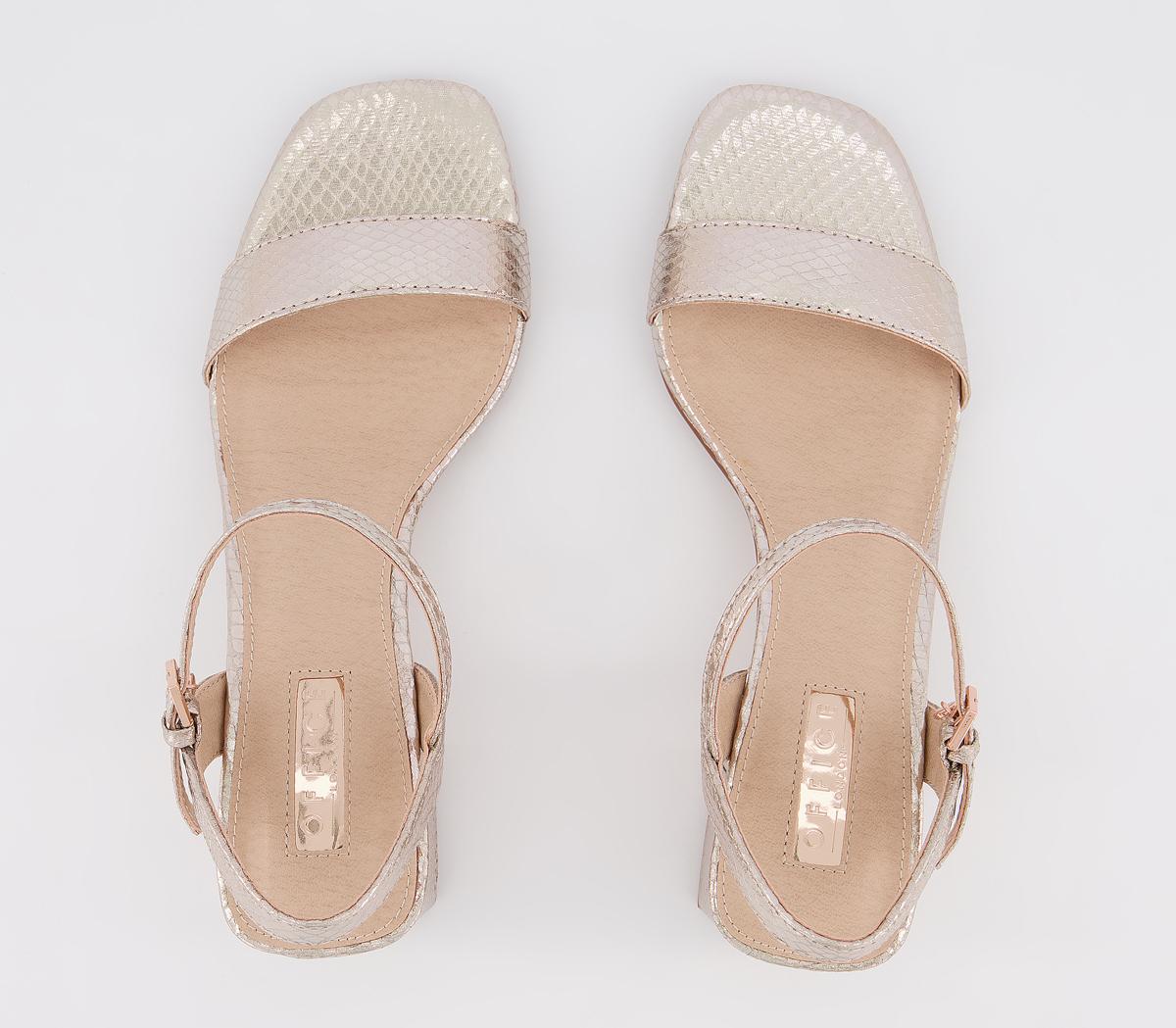 OFFICE Mula Minimal Block Heel Sandals Rose Gold Snake With Metal Plate ...