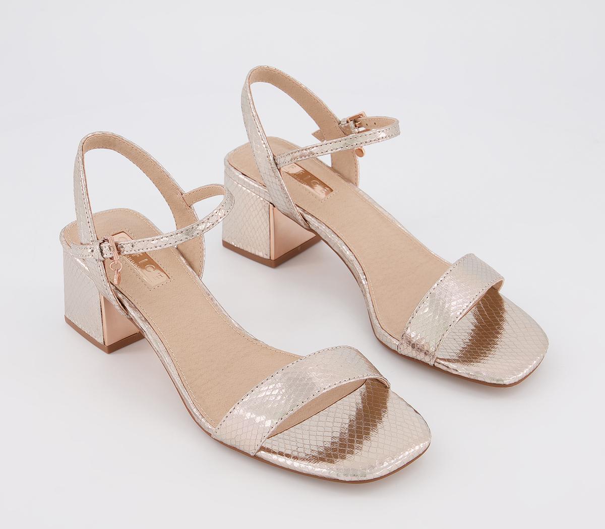 OFFICE Mula Minimal Block Heel Sandals Rose Gold Snake With Metal Plate ...