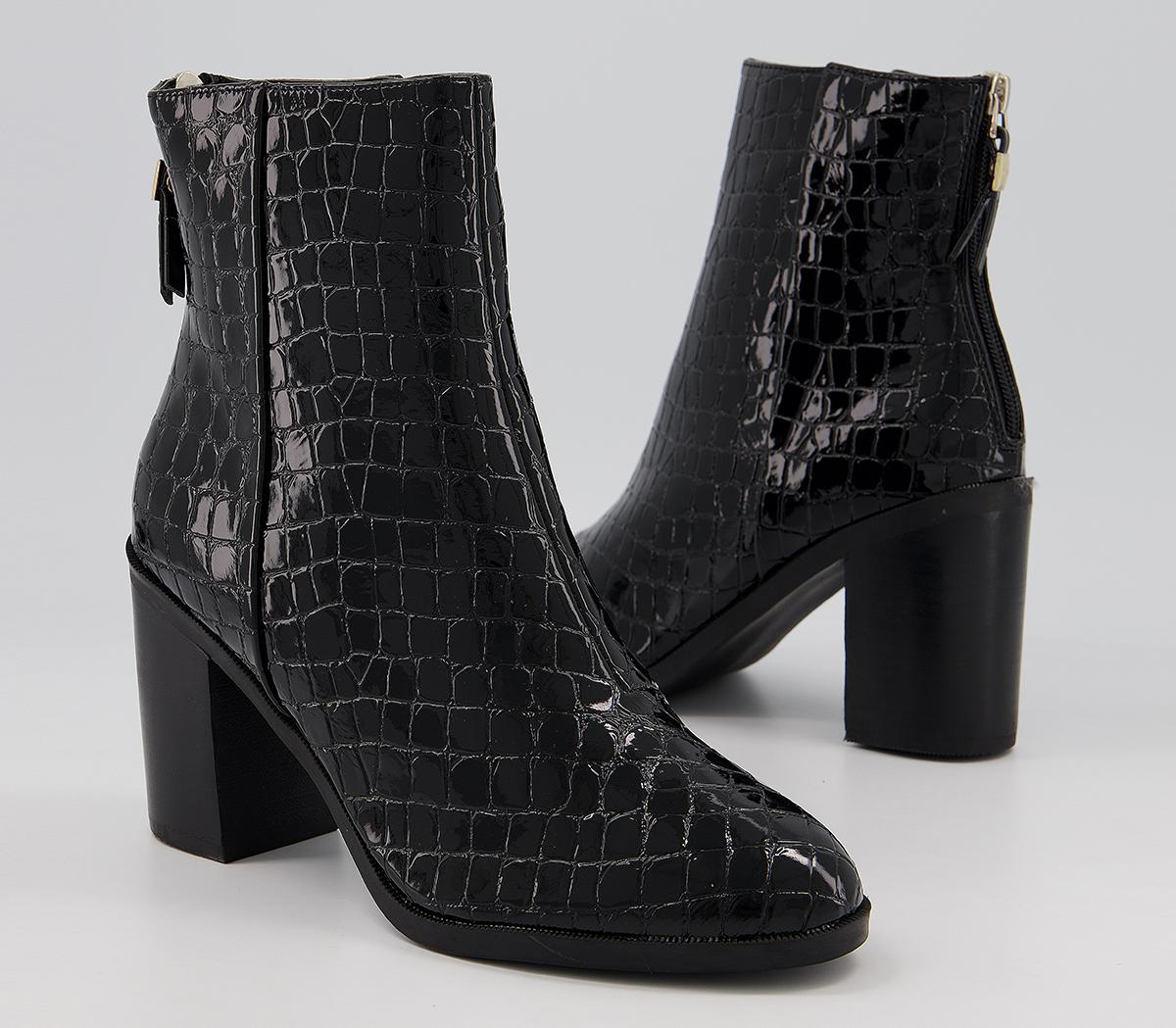 OFFICE Arden Back Zip Block Heel Boots Black Patent Croc - Women's ...