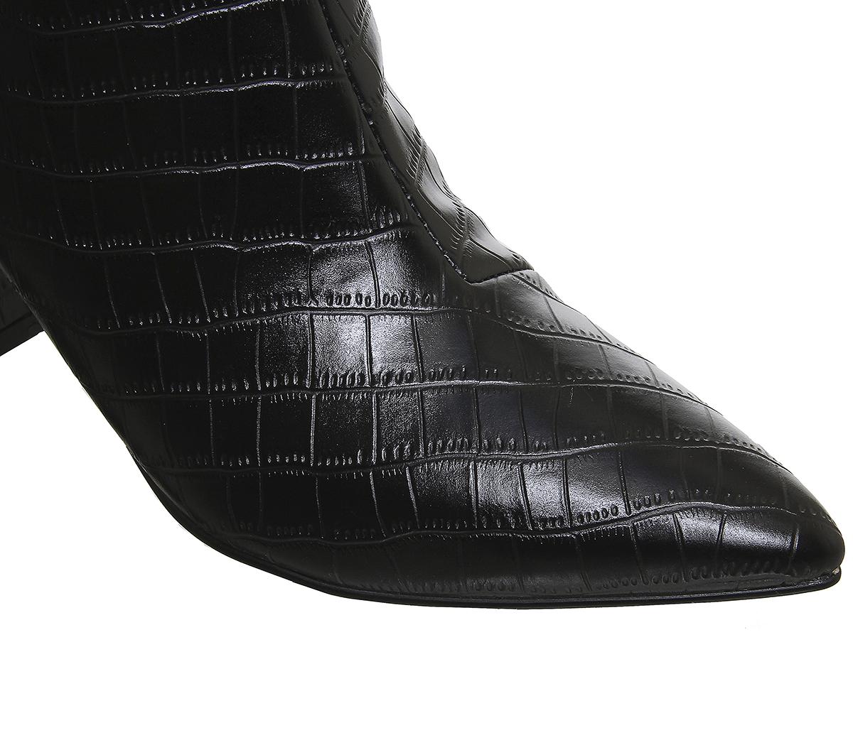 OFFICE Allure Pointed Block Heel Boots Black Croc - Women's Ankle Boots