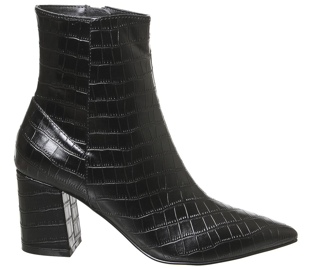 OFFICE Allure Pointed Block Heel Boots Black Croc - Women's Ankle Boots