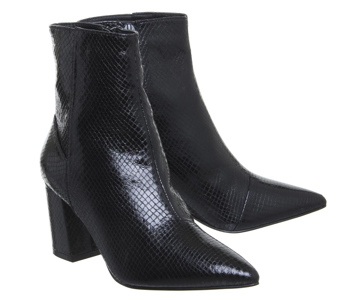 OFFICE Allure Pointed Block Heel Boots Black Snake - Women's Ankle Boots