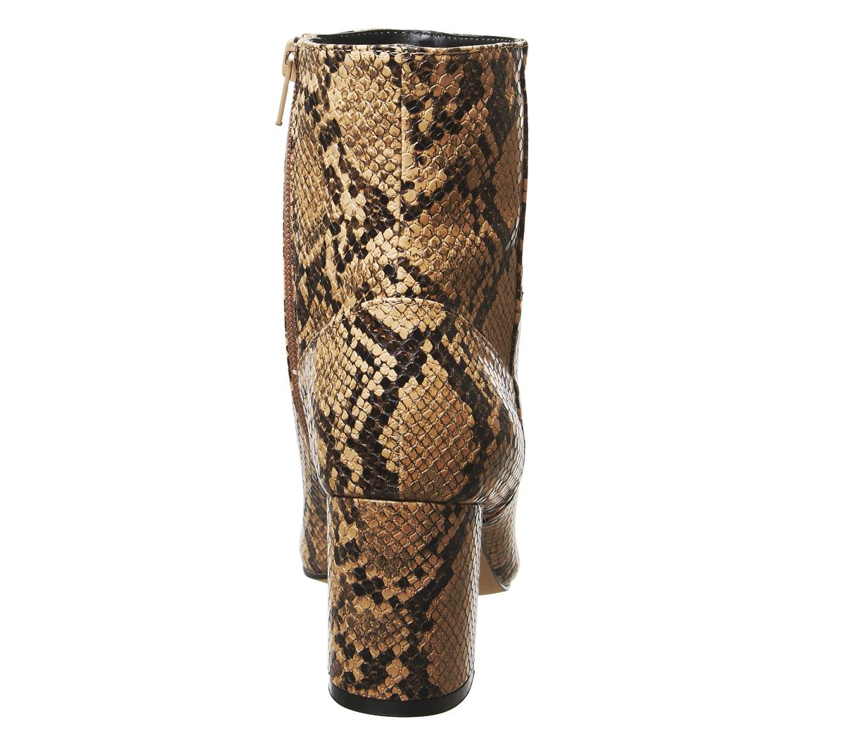 OFFICE Allure- Pointed Block Heel Boot Brown Snake - Women's Ankle Boots