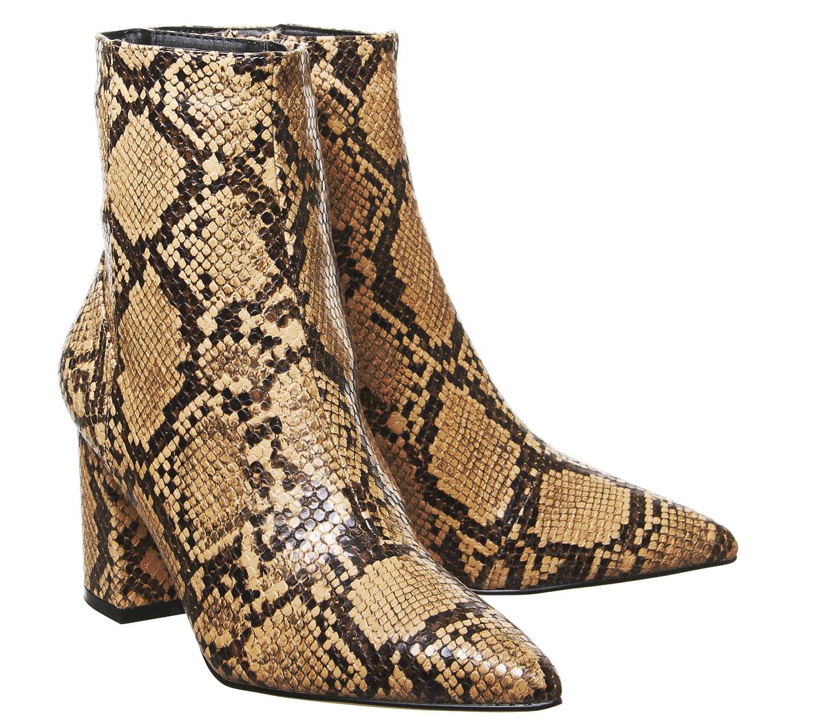 OFFICE Allure Pointed Block Heel Boots Brown Snake - Women's Ankle Boots