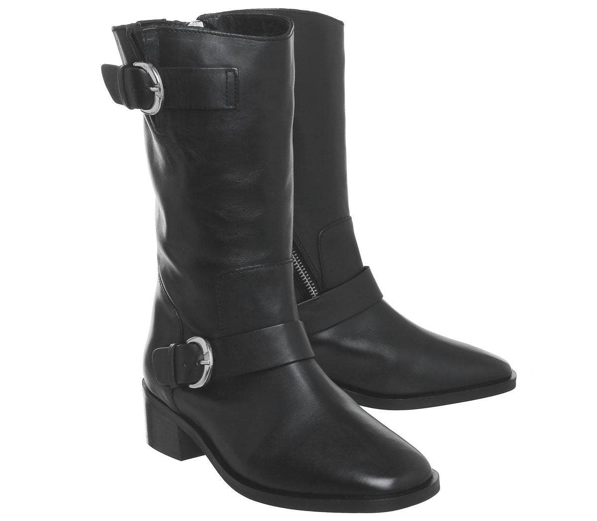 OFFICE Kick- Calf Biker Boot Black Leather - Women's Knee High Boots