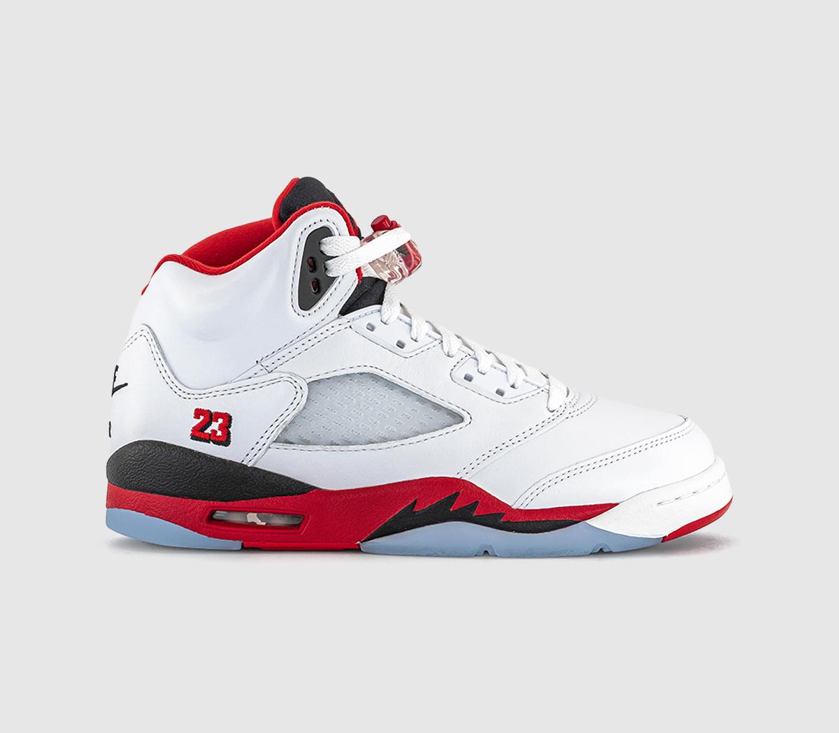 Click here for Jordan Womens 5 GS Trainers White Fire Red Black... prices