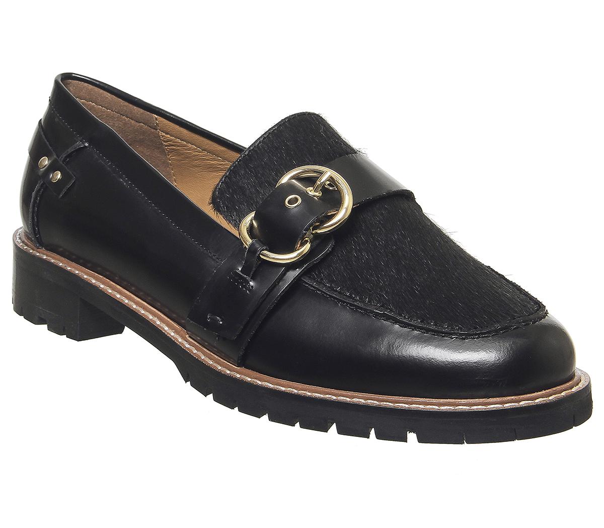 OFFICE Fallow Buckle Loafers Black Box Leather Pony - Flat Shoes for Women