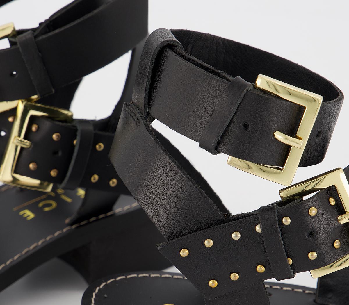 OFFICE Sailing Buckle Sandals Black Leather With Gold Studs - Women’s ...