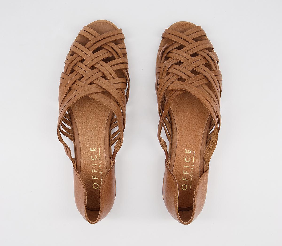 OFFICE Fondly- Woven Peep Toe Tan Leather - Flat Shoes for Women