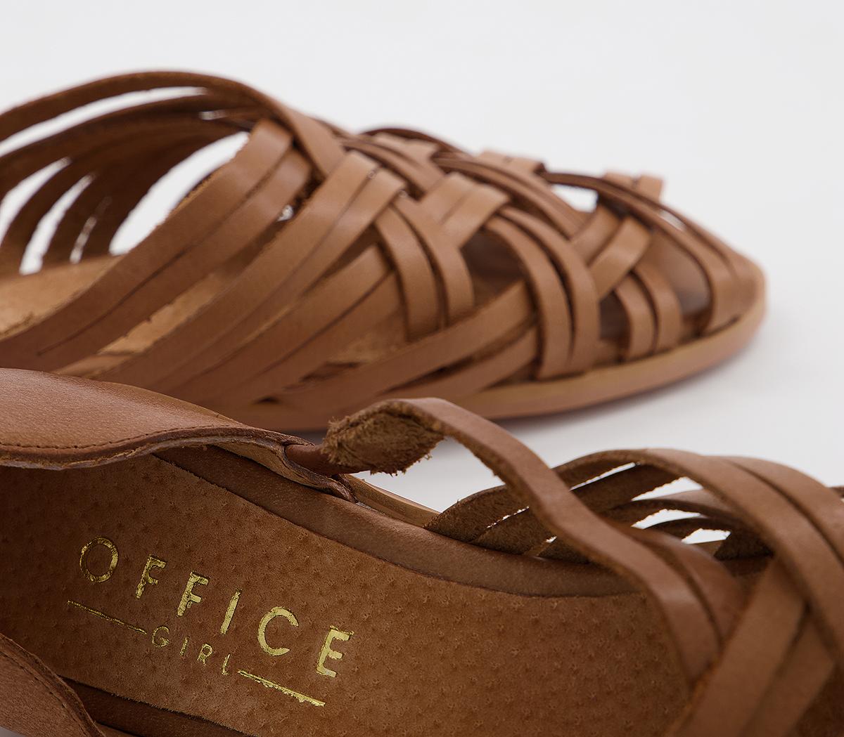 OFFICE Fondly- Woven Peep Toe Tan Leather - Flat Shoes for Women