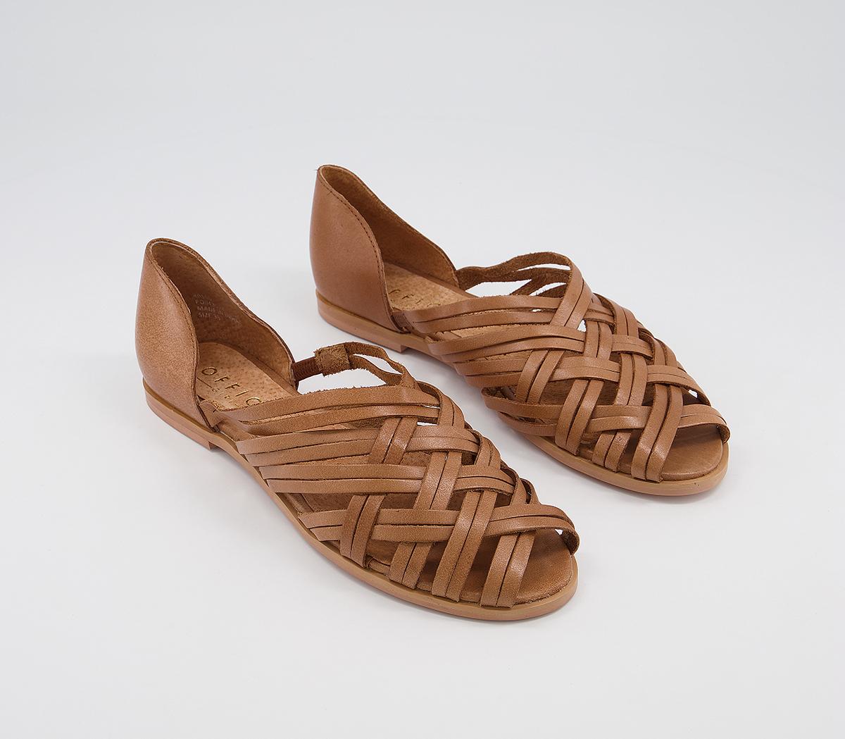 OFFICE Fondly- Woven Peep Toe Tan Leather - Flat Shoes for Women