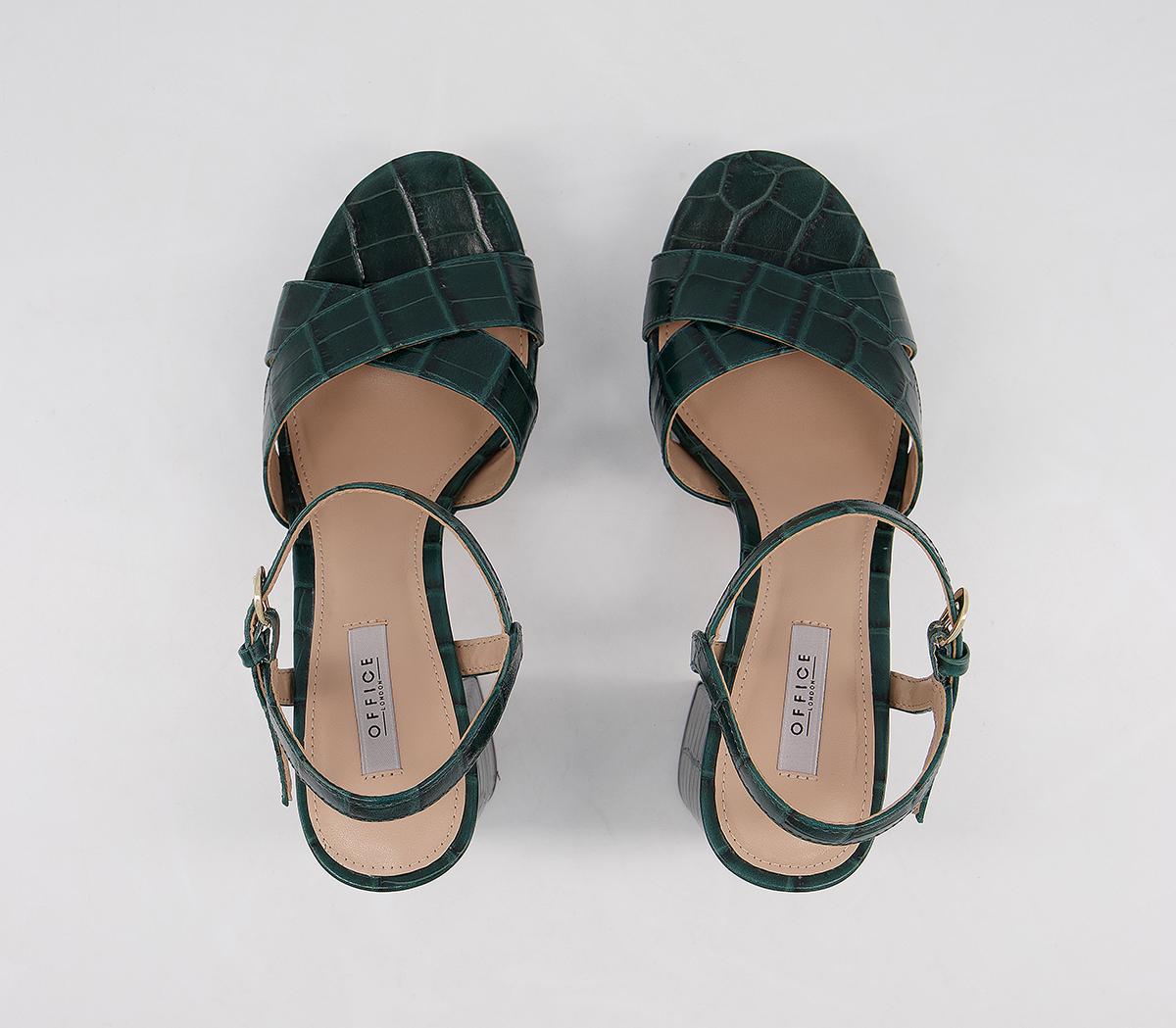 OFFICE Highlight Cross Strap Platform Heels Dark Green Croc Leather ...
