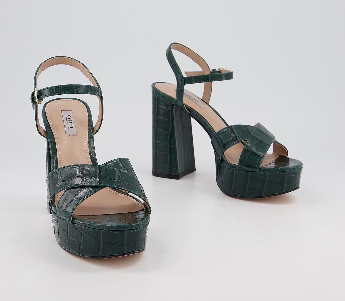 OFFICE Highlight Cross Strap Platform Heels Dark Green Croc Leather ...