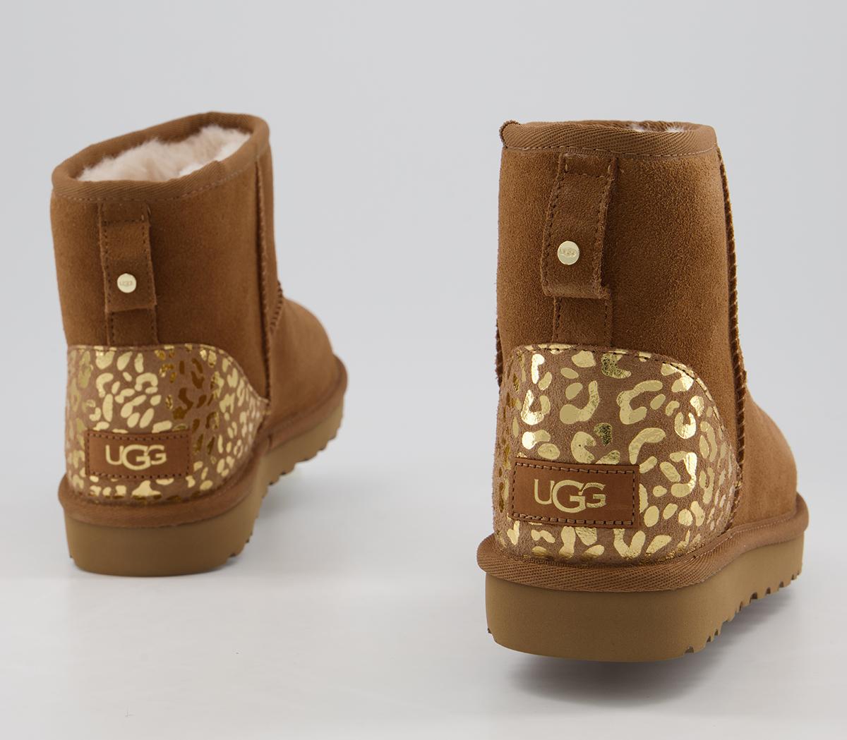 UGG Classic Mini Metallic Leopard Boots Chestnut - Women's Ankle Boots