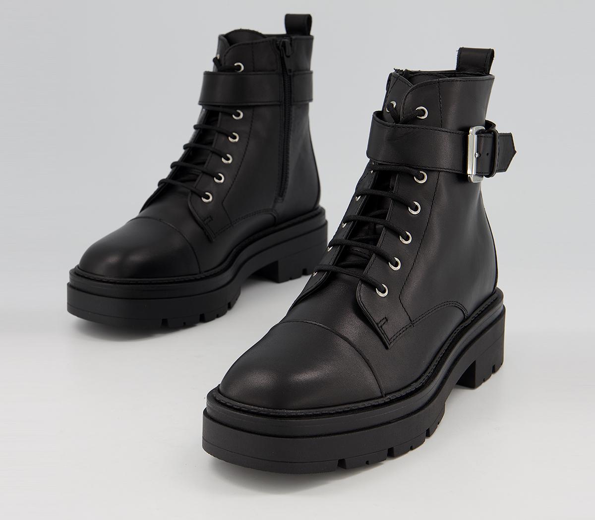 OFFICE Accurate Chunky Lace Up Boots Black Leather - Women's Ankle Boots