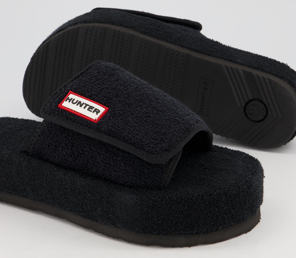Hunter Terry Towelling Beach Slides Black - Women’s Sandals