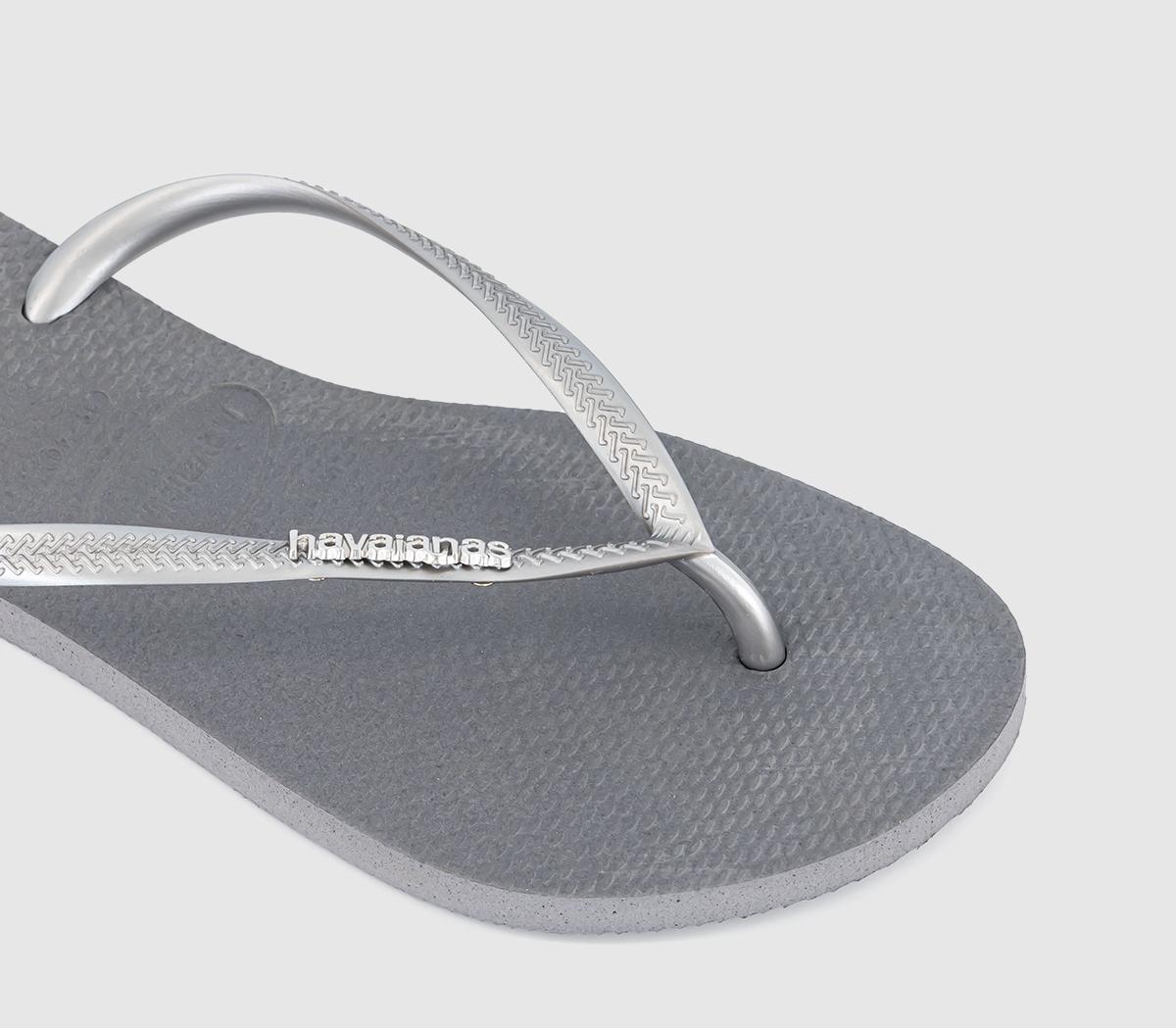 Havaianas Slim Logo Metallic Flip Flops Grey Steel - Women’s Sandals