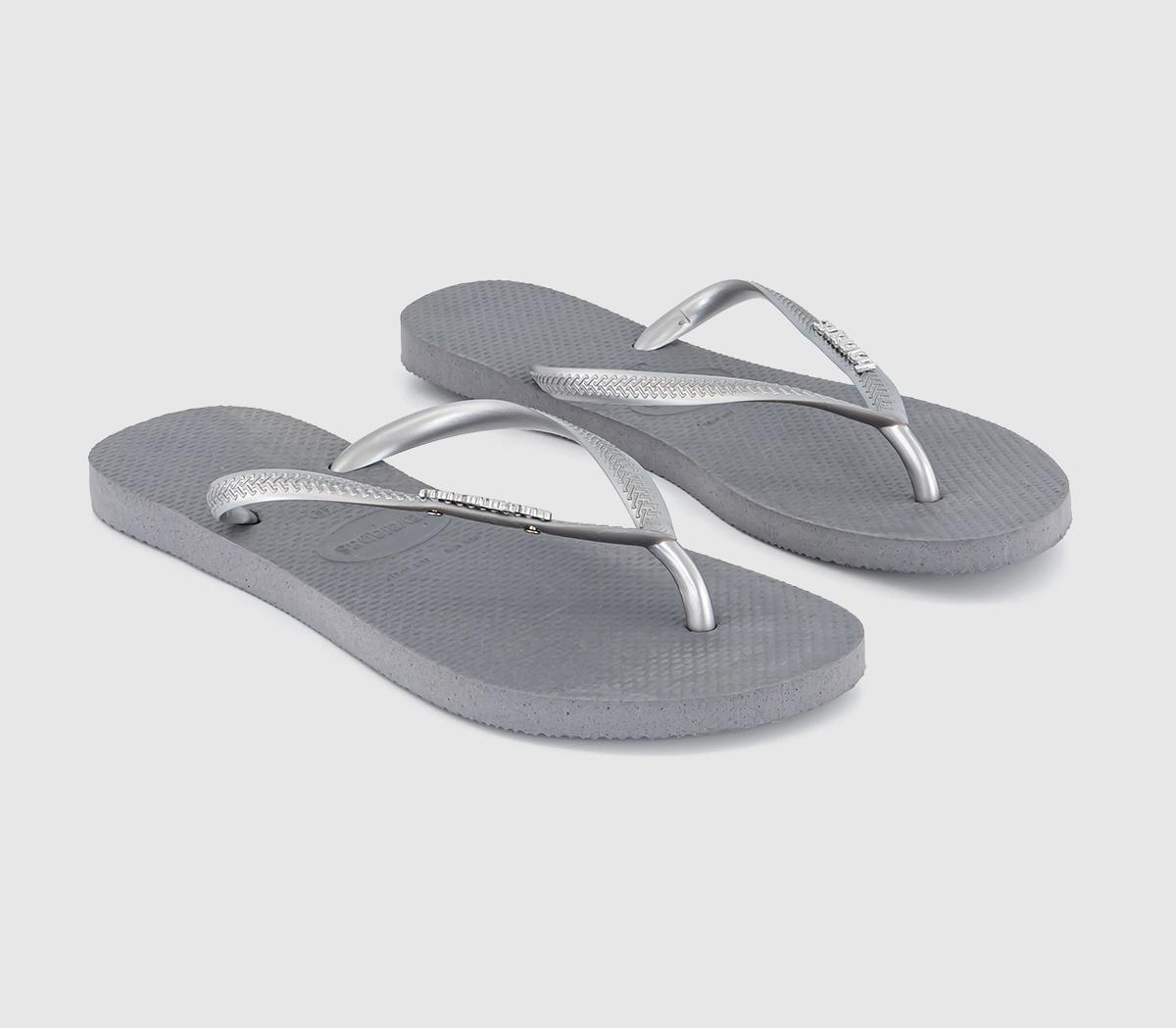 Havaianas Slim Logo Metallic Flip Flops Grey Steel - Women’s Sandals